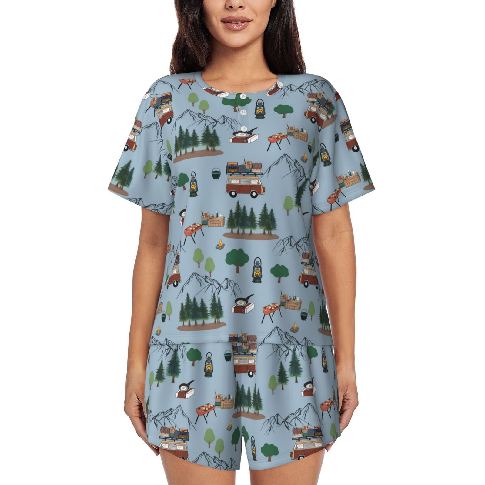 Gukieu Camping Caravan Print Women's Short-sleeved Pajama Set, Round ...