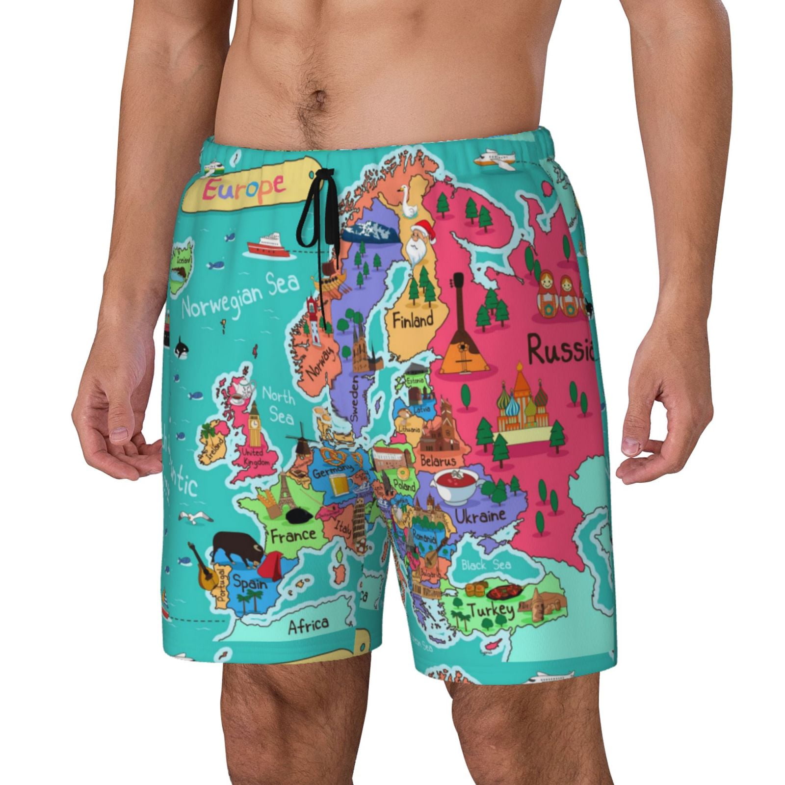 Gukieu Cartoon Map Of Europe Print Men's Double Layer Sports Swim ...