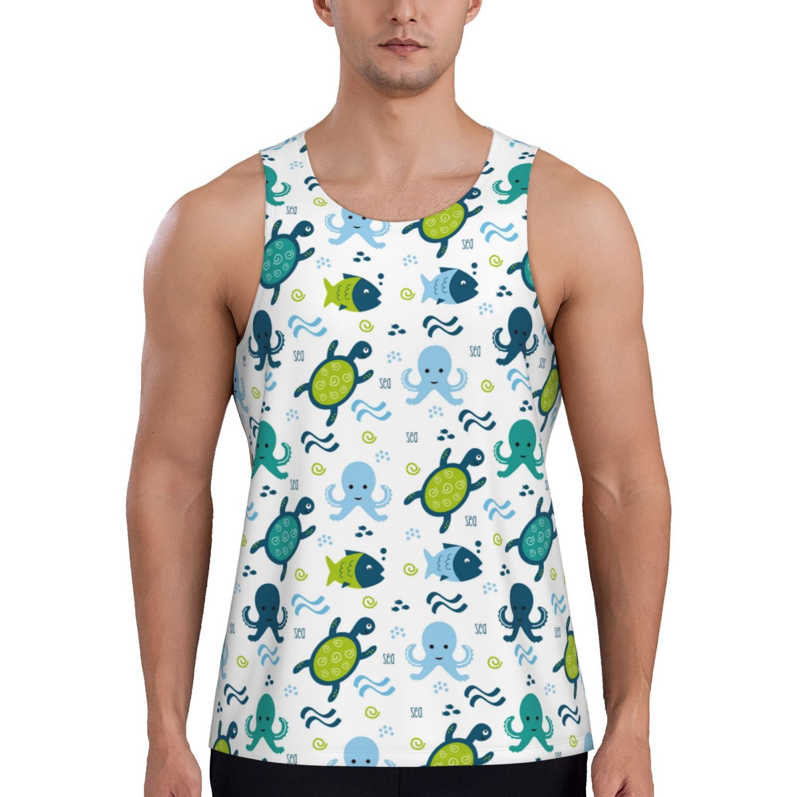 Gukieu Cartoon Sea Creatures Print Men's Quick Dry Fitness Vest, Round ...