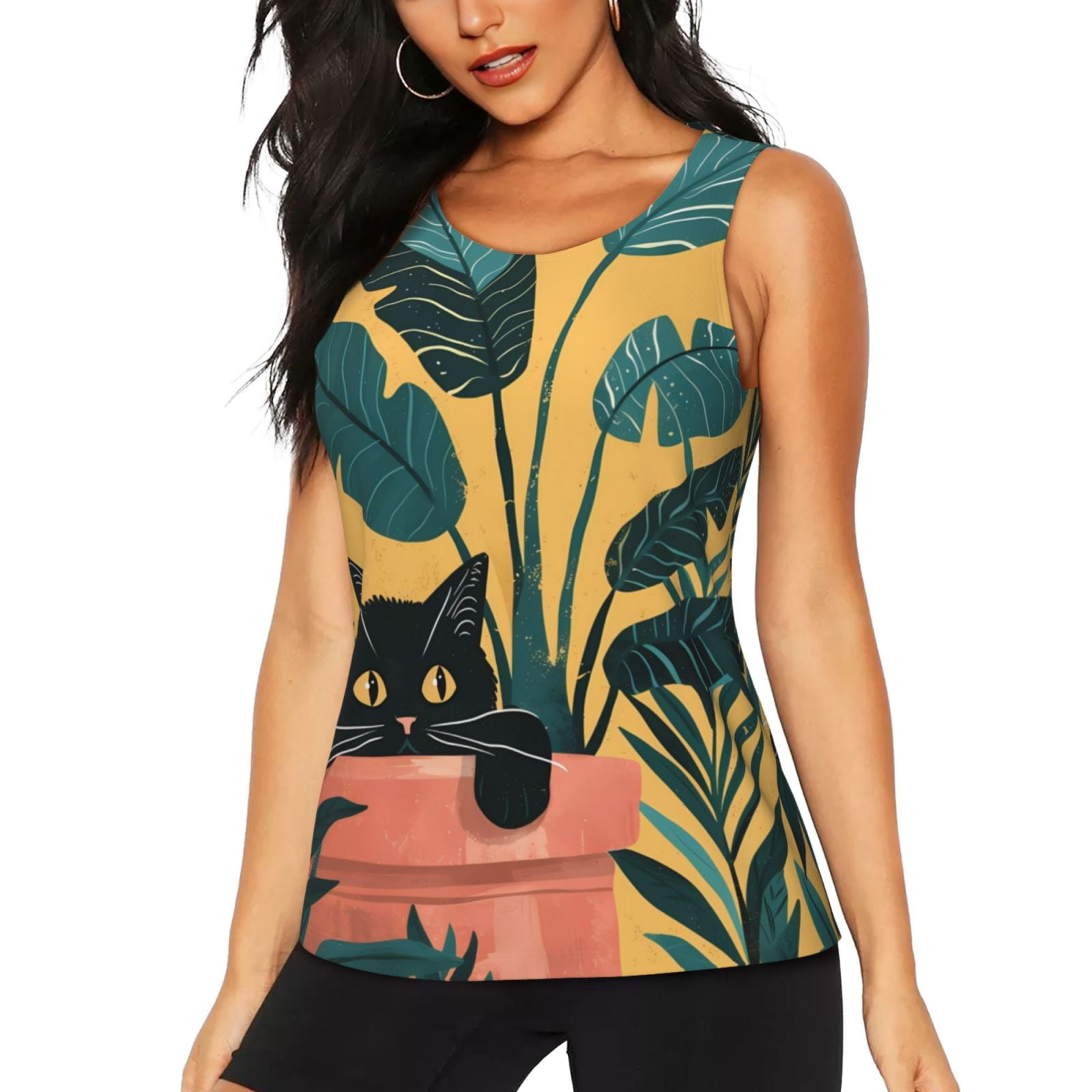 Gukieu Cat Hiding In Potted Plants Print Women's Quick-drying Fitness ...