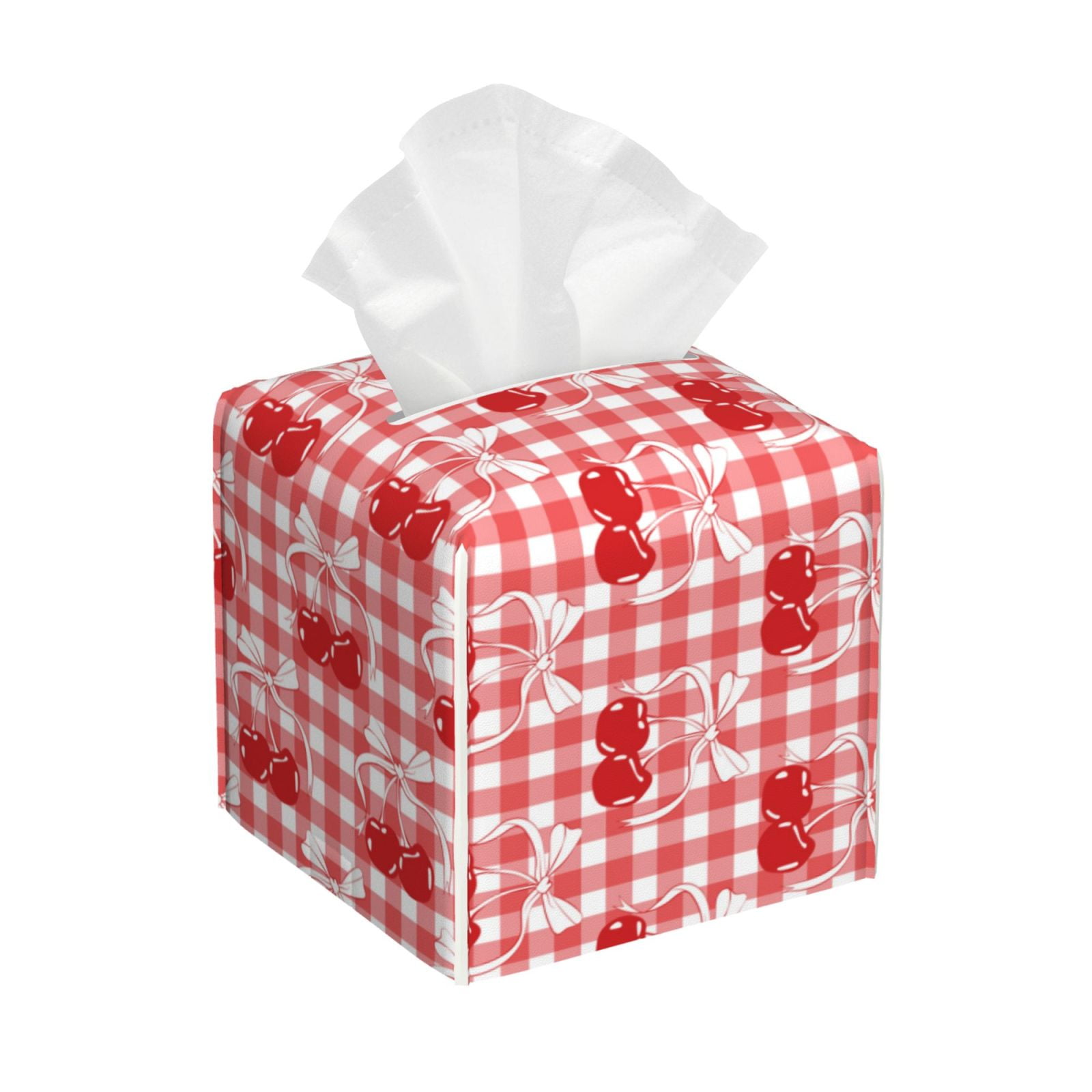 Gukieu Cherry Bow Print Leather Tissue Box, PVC Waterproof Velcro ...