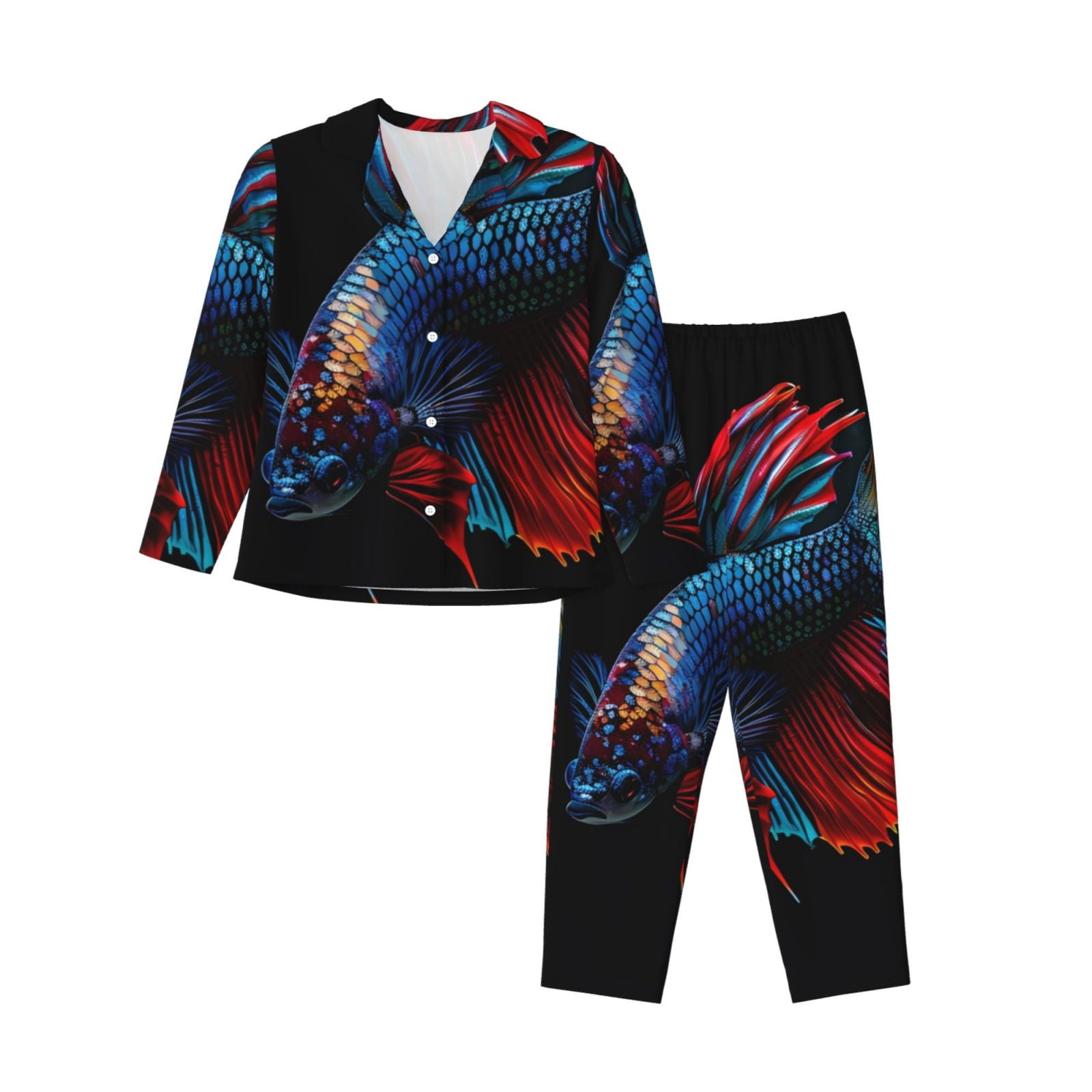 Gukieu Colorful Betta Fish Print Women's Long Sleeve Pajama Set, Button ...