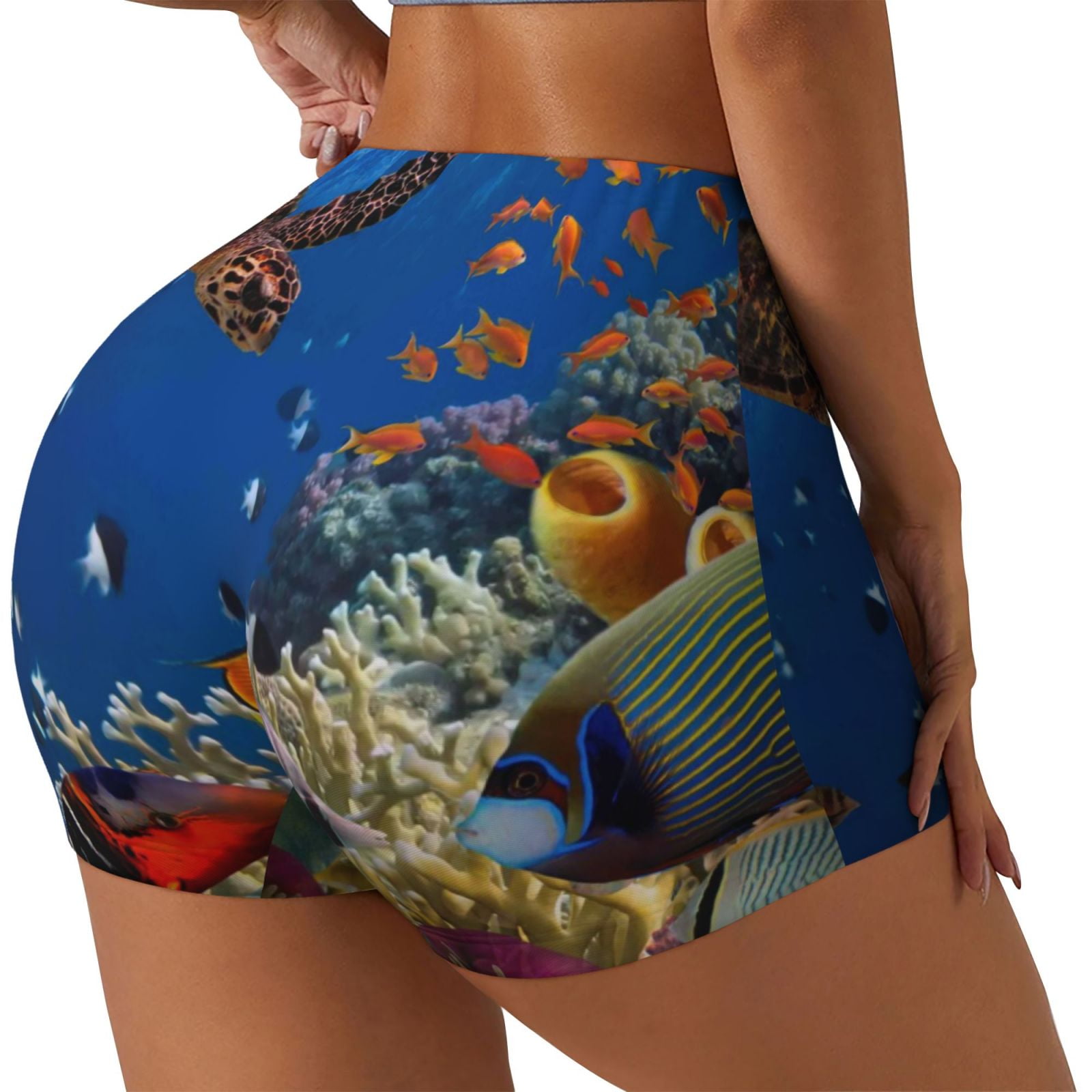 Gukieu Colorful Coral Reef Print Women's Sports Shorts, Elastic Waist High Stretch Running Yoga ...