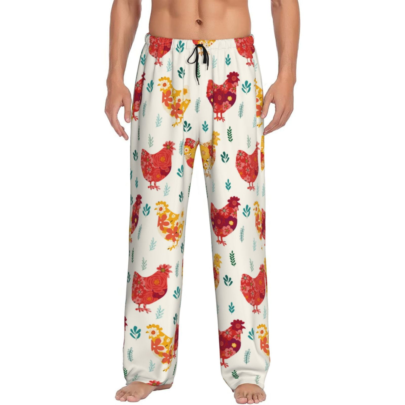 Gukieu Colorful Flower Chickens Print Men's Home Trousers, Elastic ...