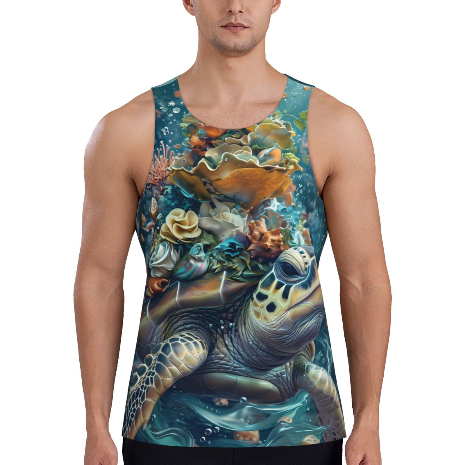 Gukieu Colorful Plant Turtle Print Men's Quick Dry Fitness Vest, Round ...