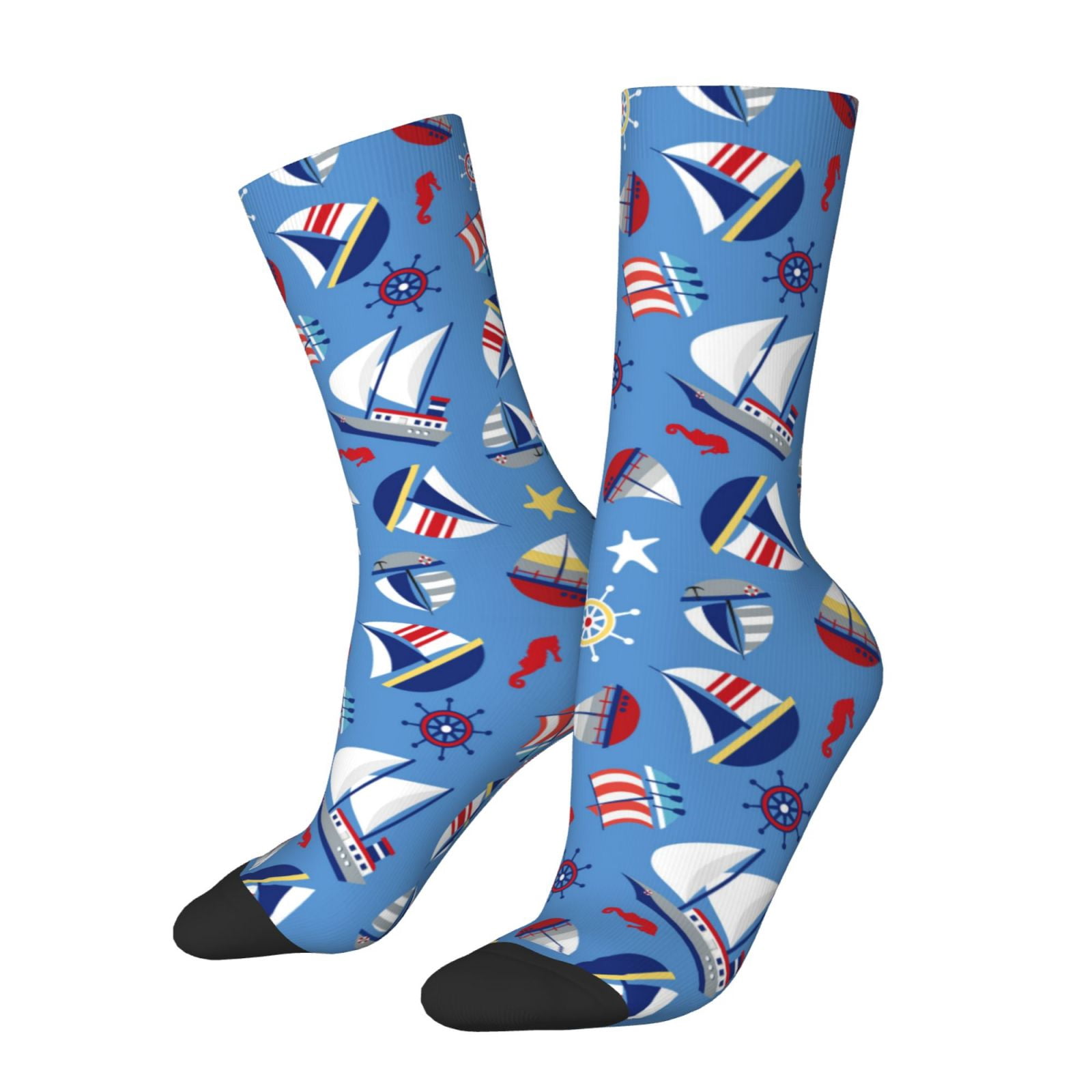 Gukieu Colorful Sailing Ship Print Contrast Color Mid-calf Socks, Sweat ...