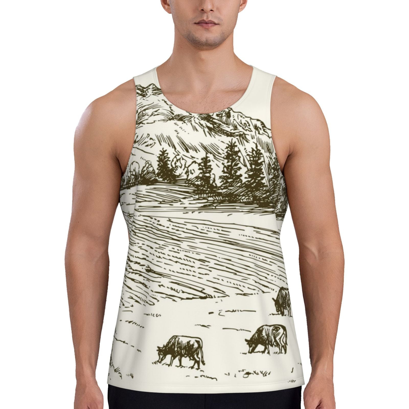 Gukieu Cows Grazing On Meadow Print Men's Quick Dry Fitness Vest, Round ...