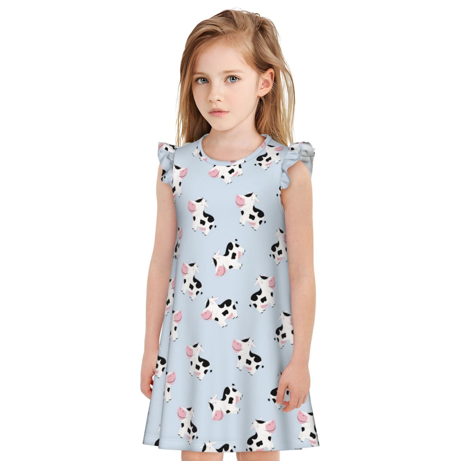 Gukieu Cute Farm Cow Print Girls' Flying Sleeves Nightdress, Round Neck ...