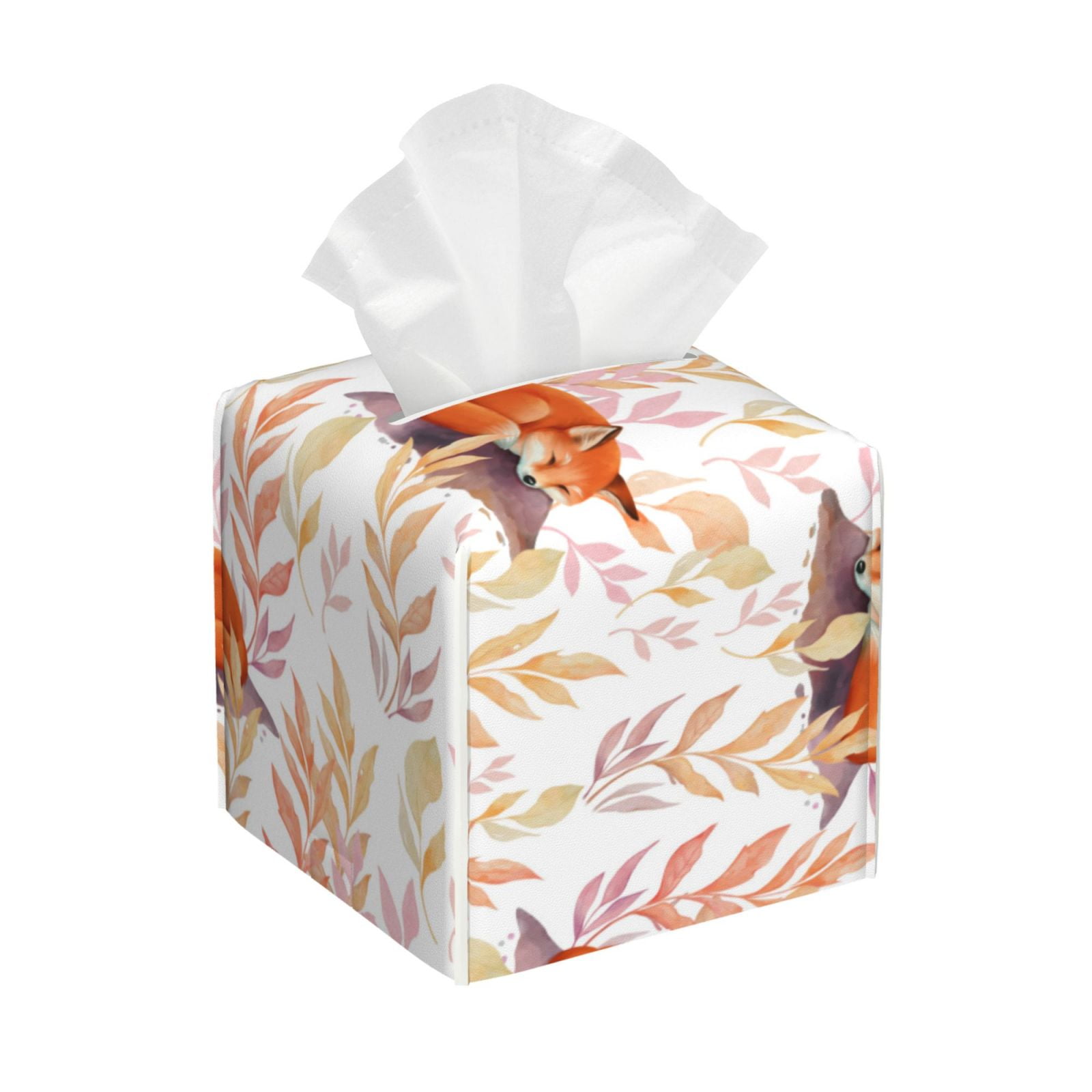 Gukieu Cute Sleepy Fox Print Leather Tissue Box, PVC Waterproof Velcro ...