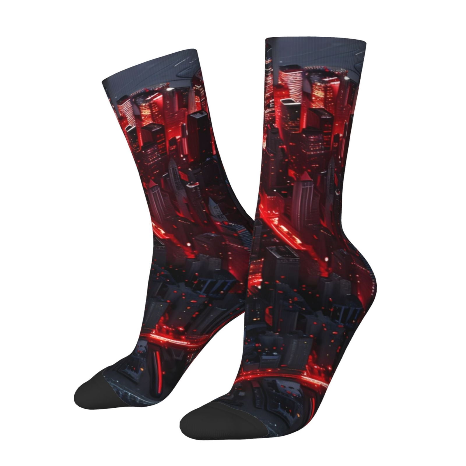 Gukieu Cyberpunk Cityscape Lights Print Contrast Color Mid-calf Socks ...