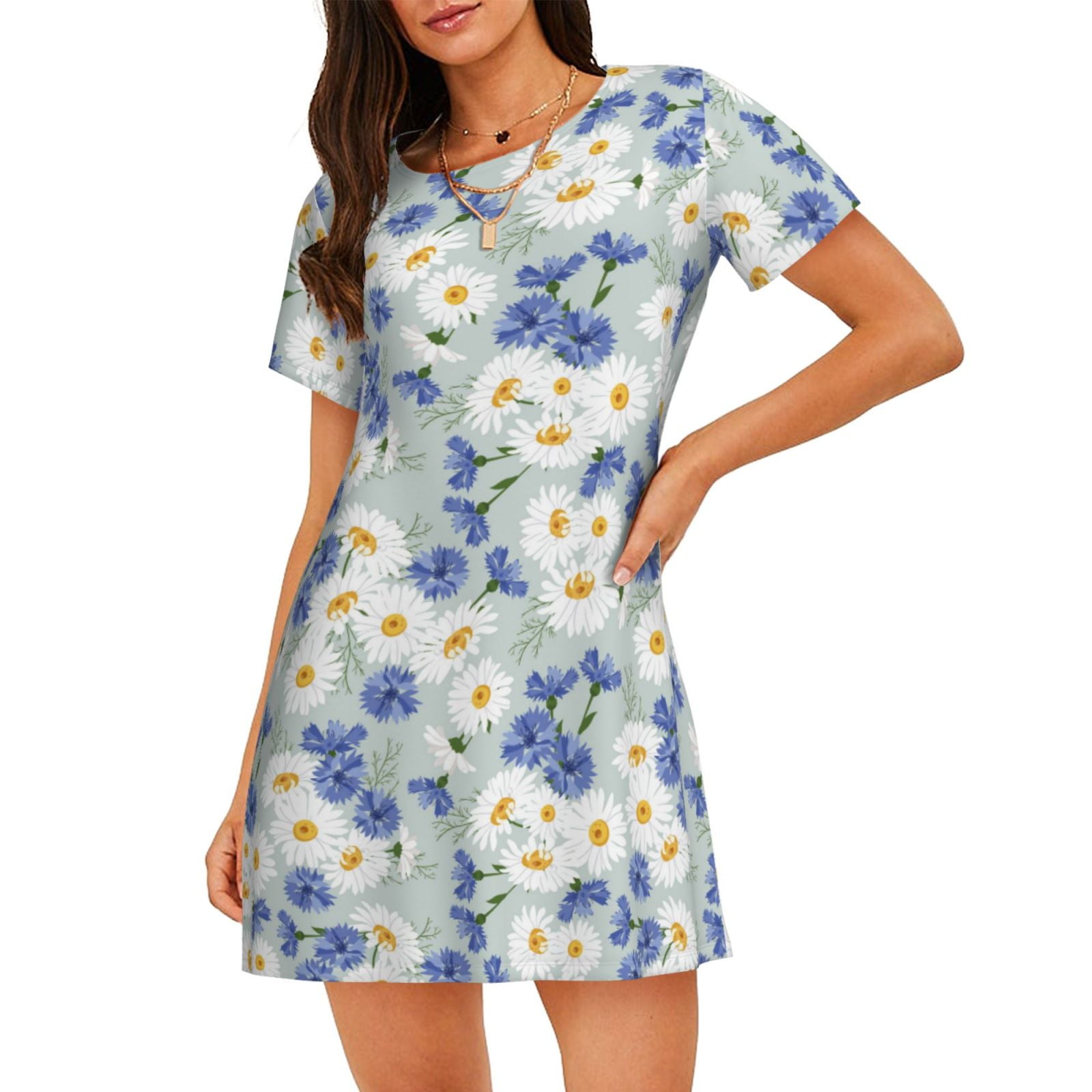 Gukieu Daisies Flowers Print Women's Nightgown, A-line Round Neck Short ...