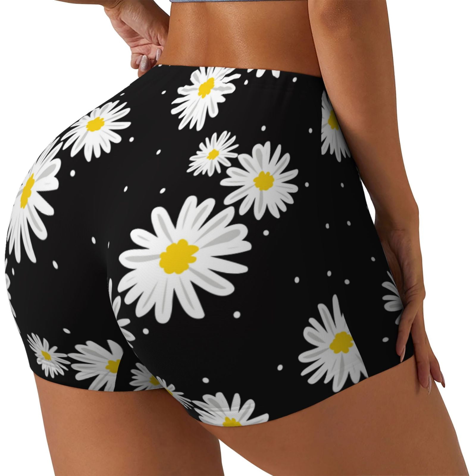 Gukieu Daisies Flowers Print Women's Sports Shorts, Elastic Waist High ...
