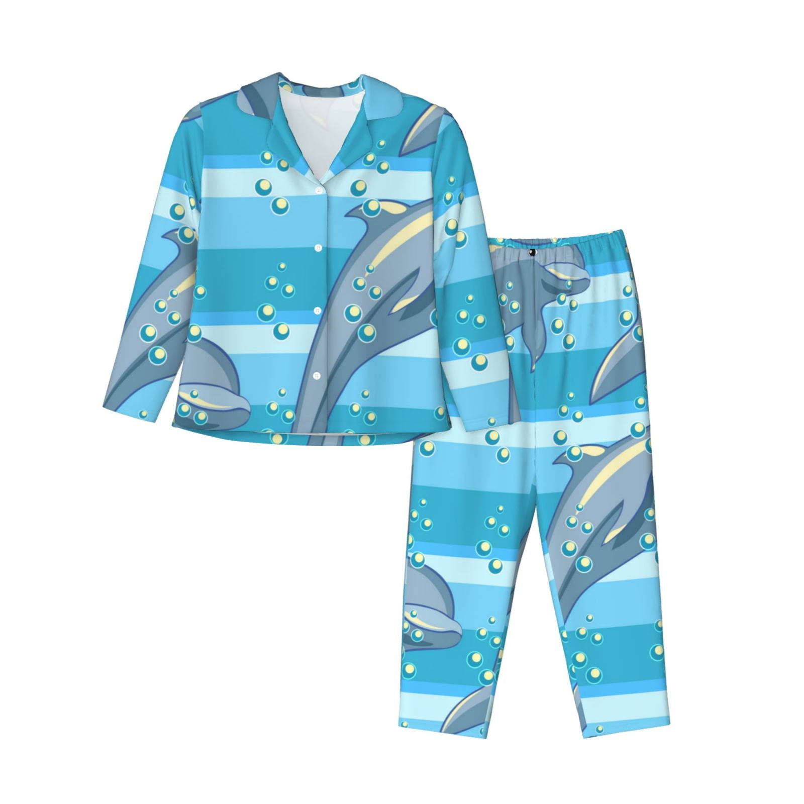 Gukieu Dolphin Print Women's Long Sleeve Pajama Set, Button Top Elastic ...