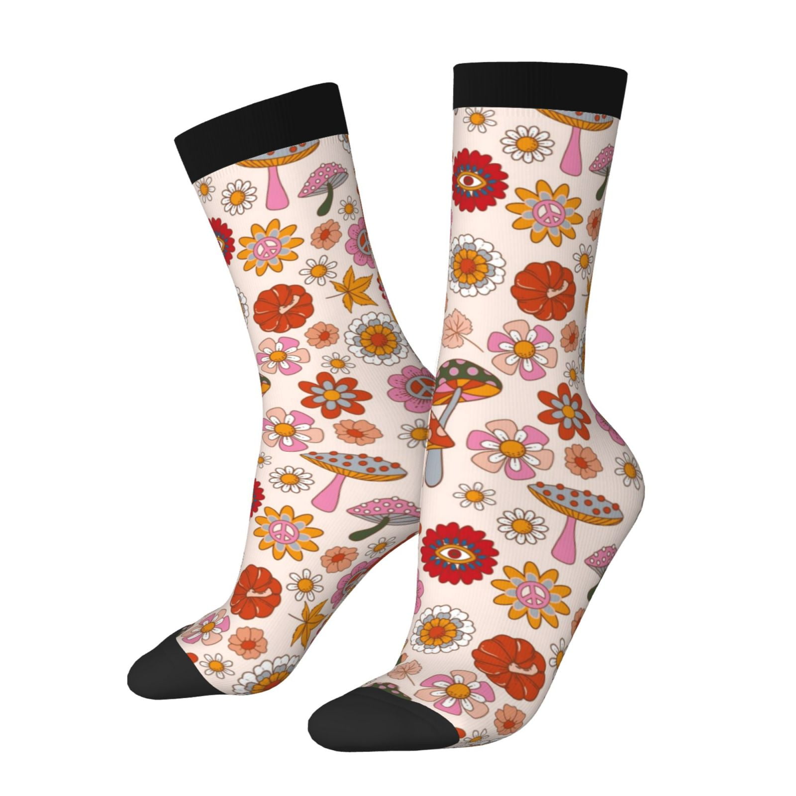 Gukieu Fall 70s Groovy Hippie Print Contrast Color Mid-calf Socks ...