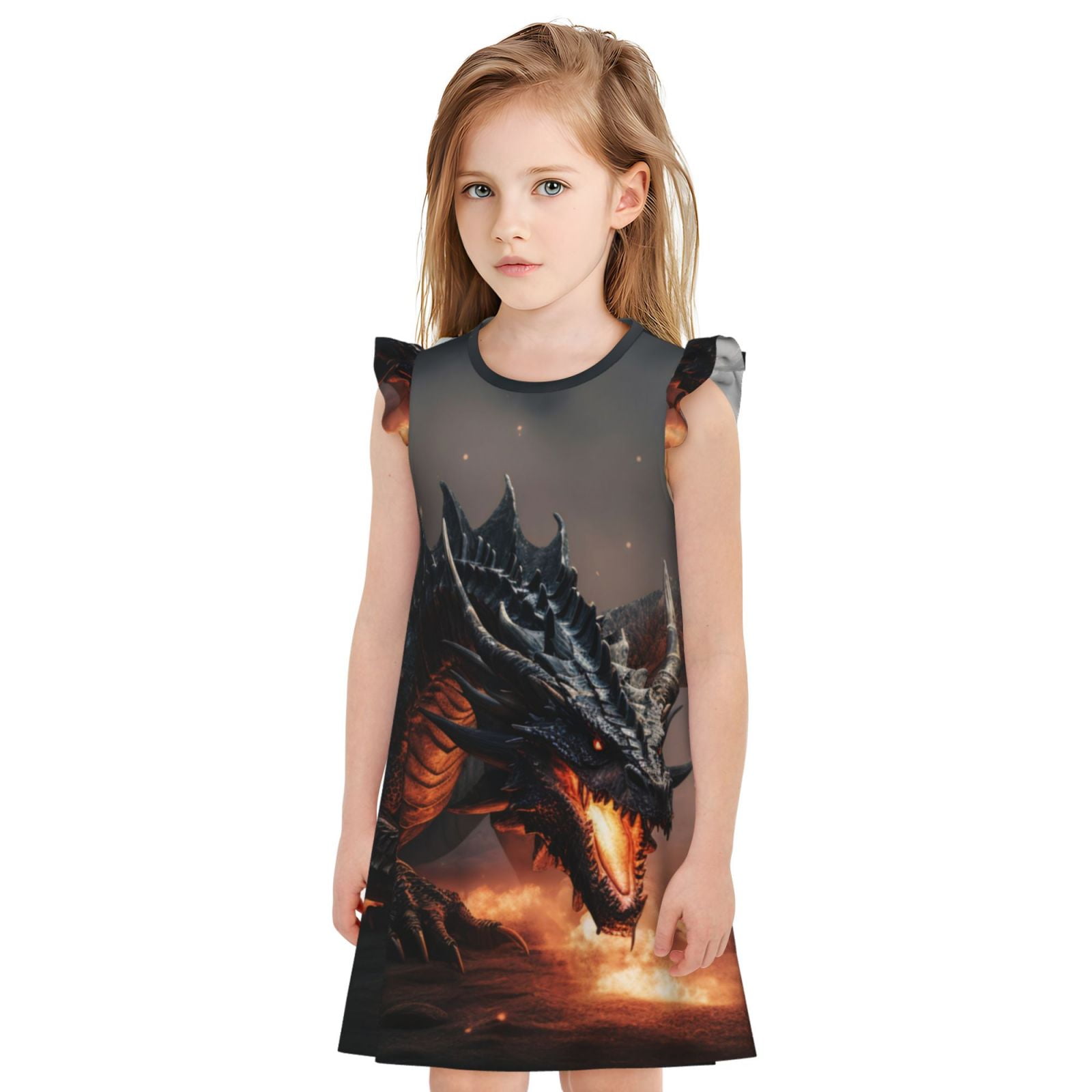 Gukieu Fiery Black Dragon Attack Print Girls' Flying Sleeves Nightdress ...