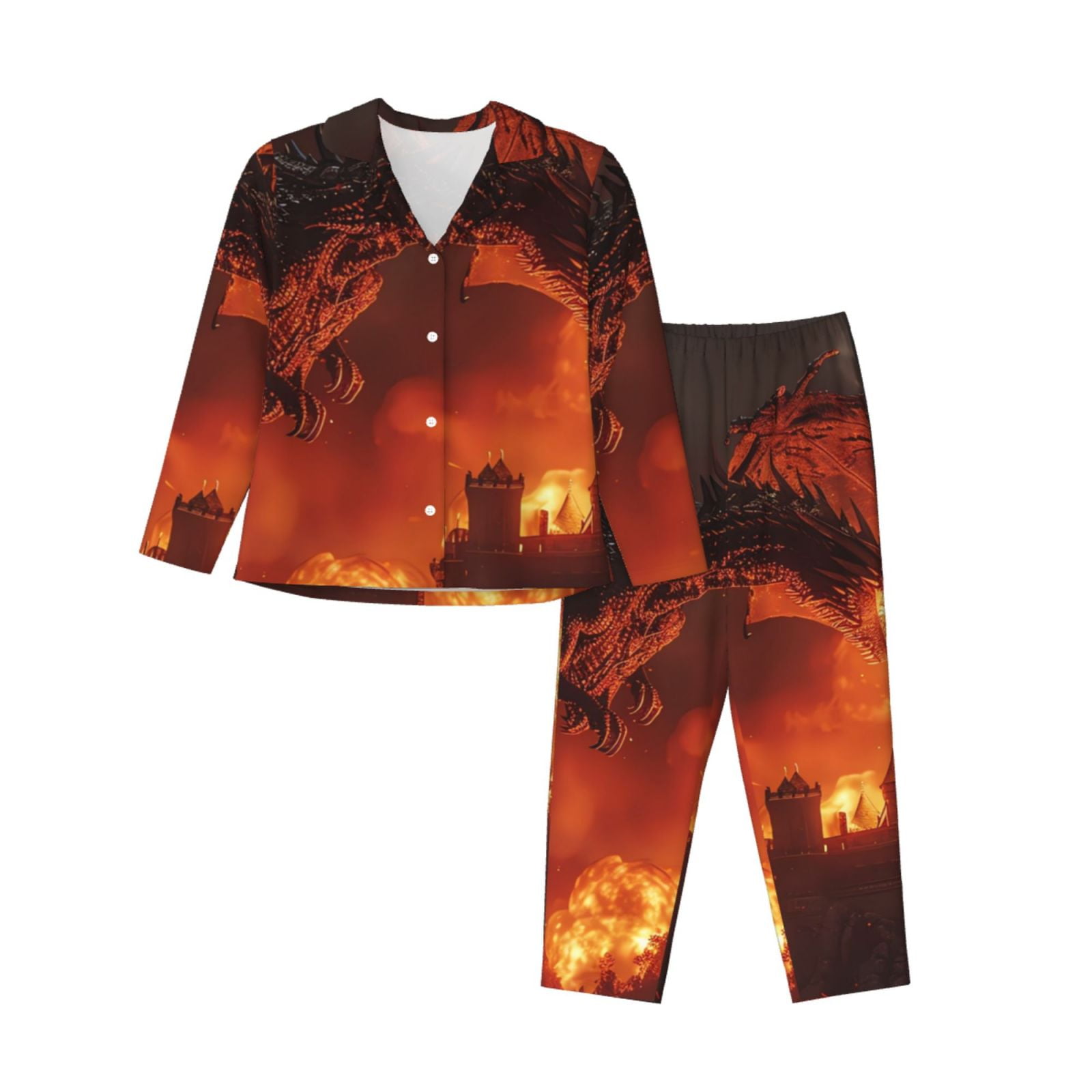 Gukieu Fiery Dragons Castle Attack Print Women's Long Sleeve Pajama Set ...