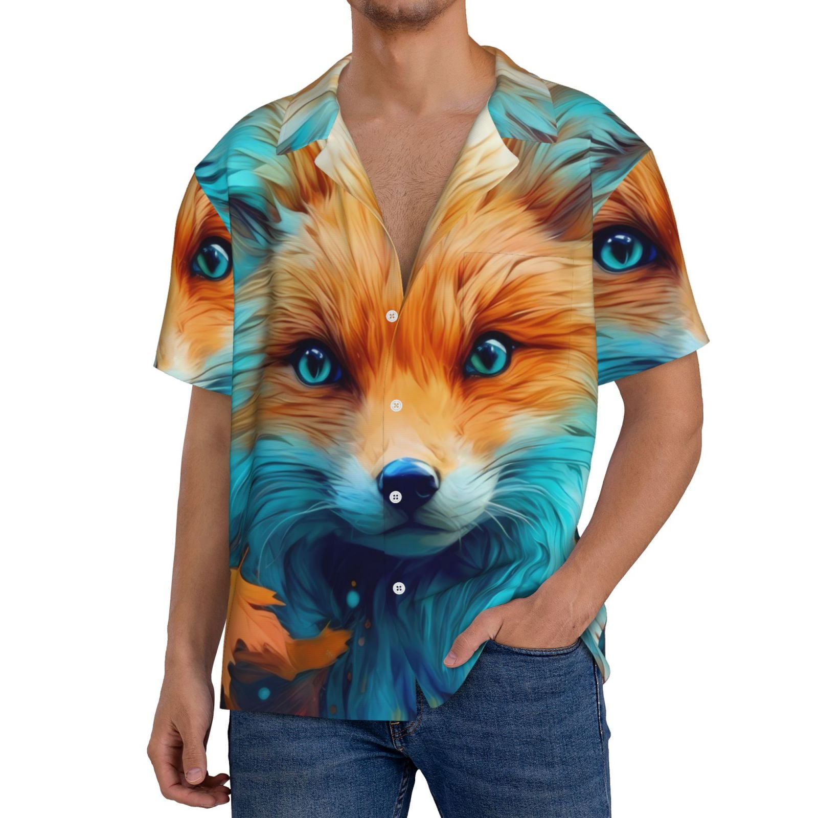 Gukieu Fiery Red Maple Leaf Fox Print Men's Short-sleeved Shirts ...