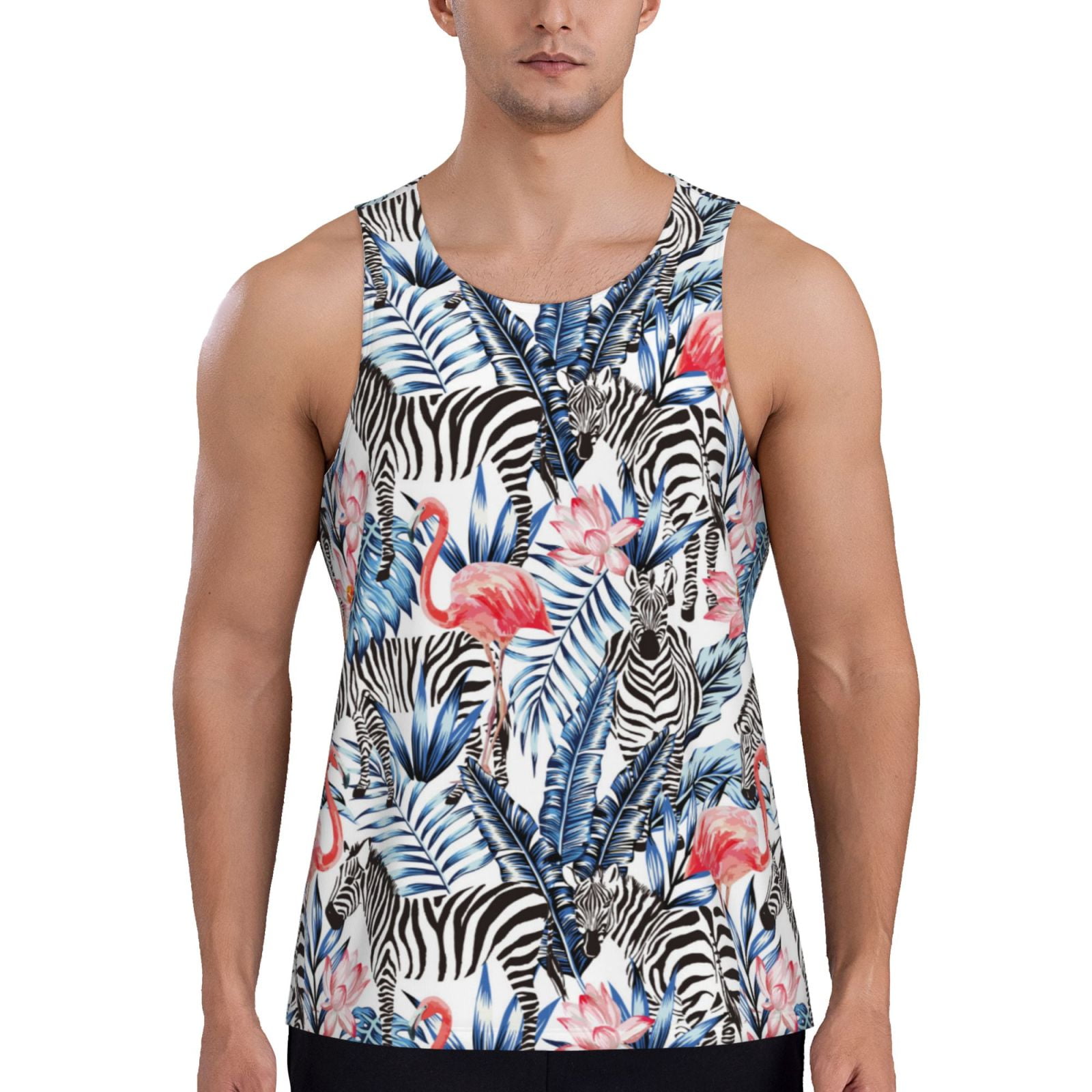 Gukieu Flamingo And Zebra Print Men's Quick Dry Fitness Vest, Round Neck Sleeveless Fitness ...