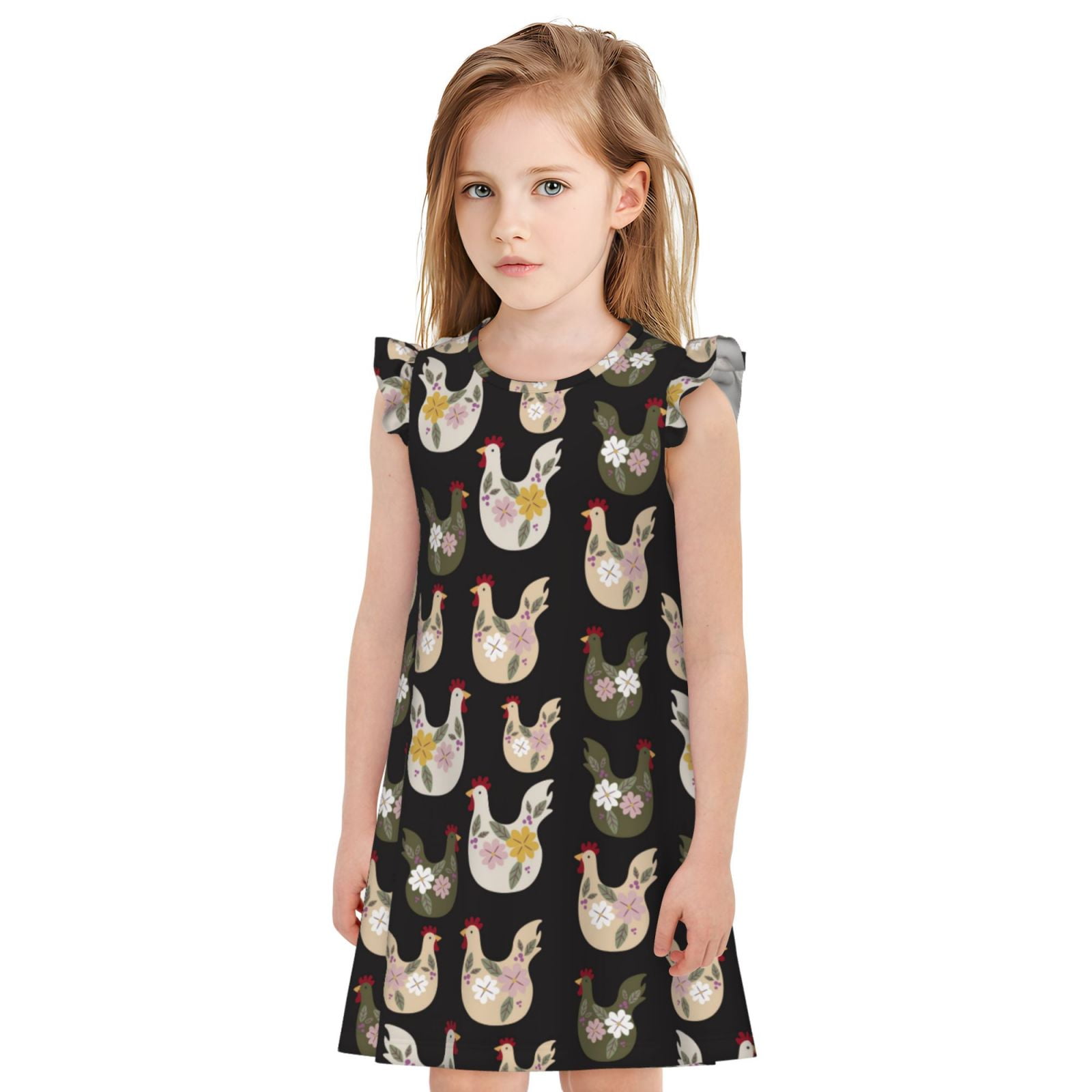 Gukieu Flowe Rooster Print Girls' Flying Sleeves Nightdress, Round Neck ...