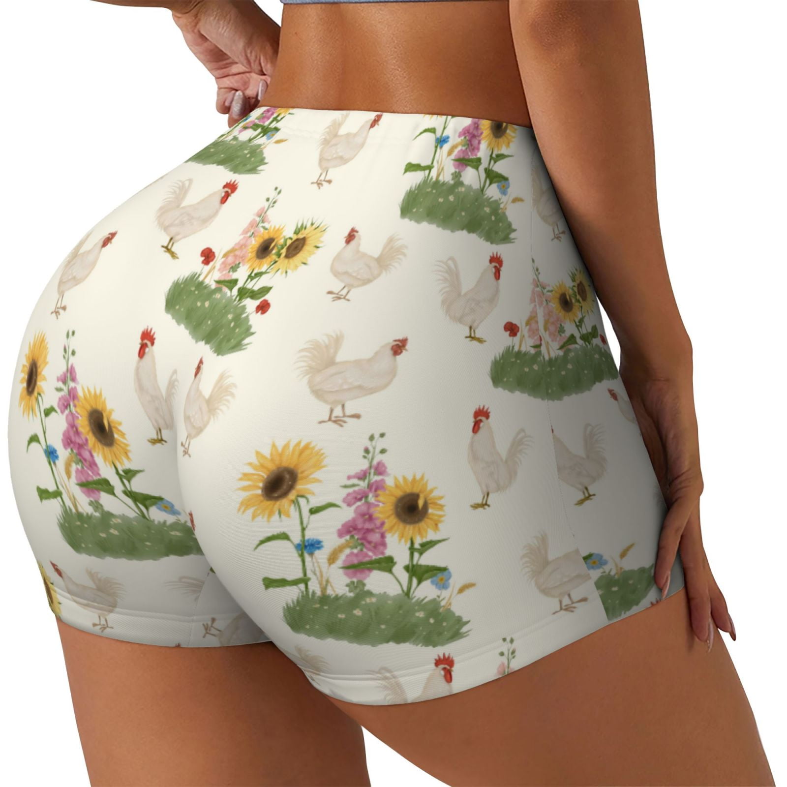 Gukieu Flowers And Hens Print Women's Sports Shorts, Elastic Waist High ...