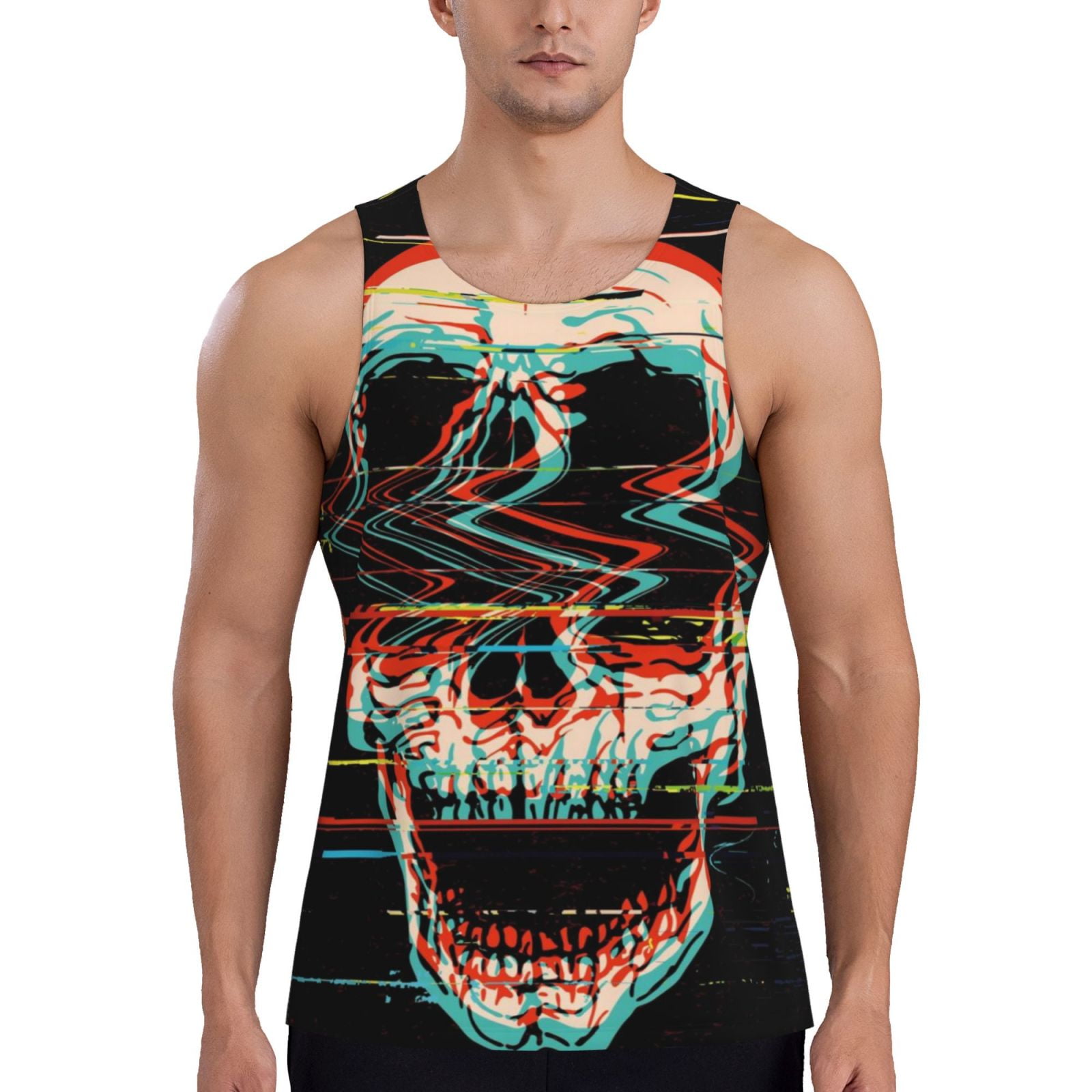 Gukieu Glitch Screaming Skull Print Men's Quick Dry Fitness Vest, Round ...