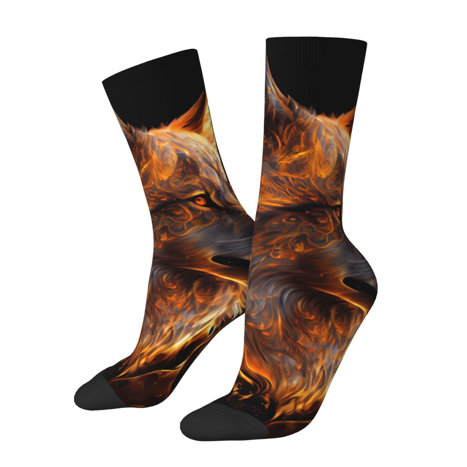 Gukieu Gold Flame Pattern Wolf Print Contrast Color Mid-calf Socks ...
