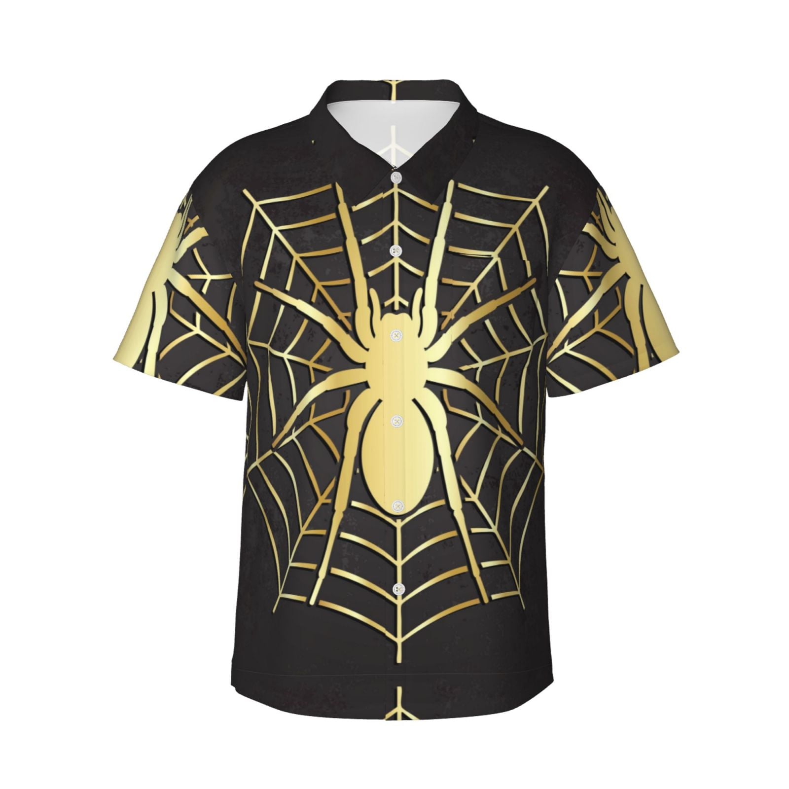 Gukieu Gold Spider On The Web Print Men's Short-sleeved Shirts, Button ...