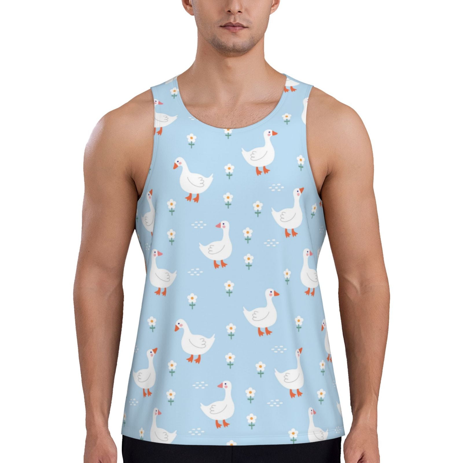 Gukieu Goose White Flowers Print Men's Quick Dry Fitness Vest, Round ...