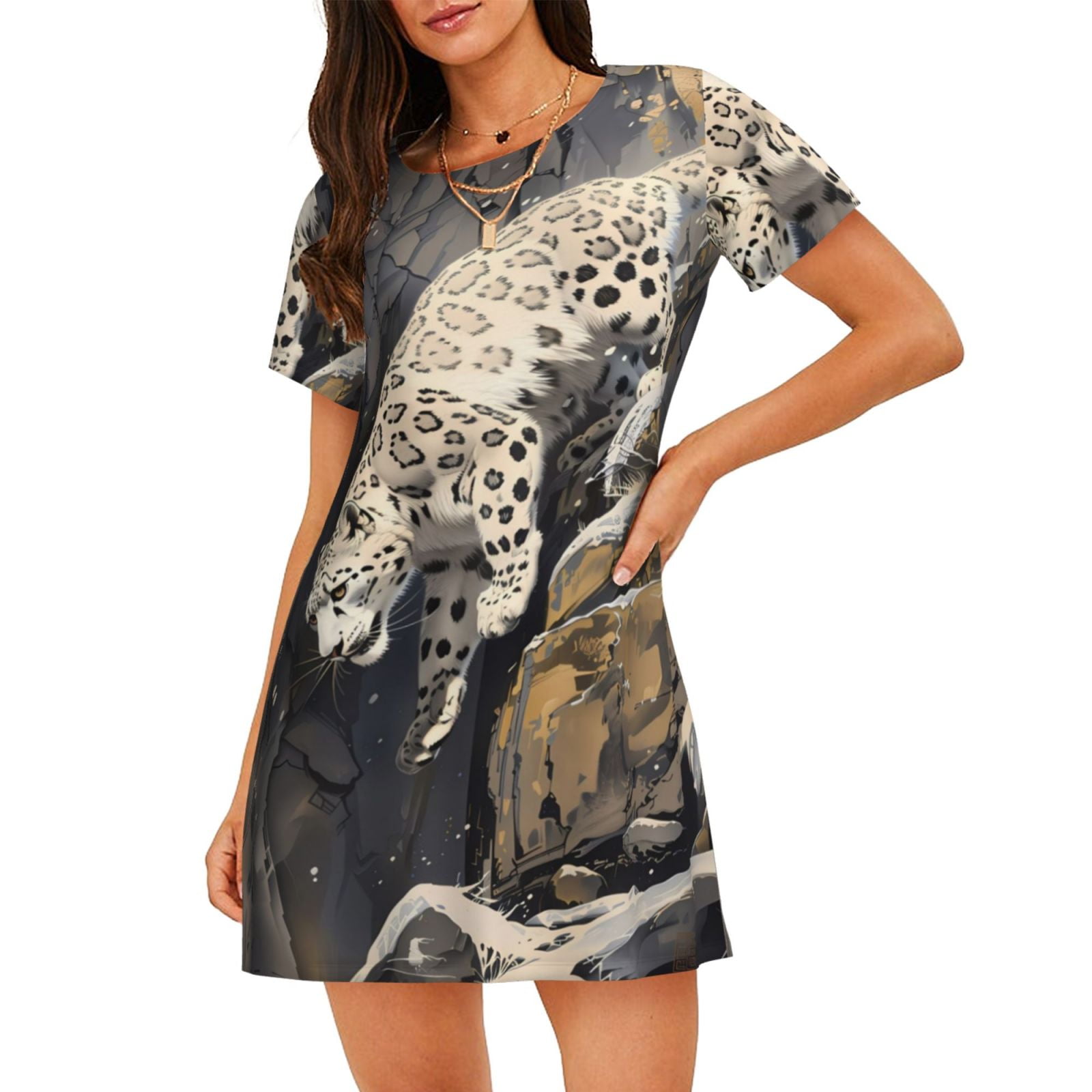 Gukieu Graceful Snow Leopard Print Women's Nightgown, A-line Round Neck ...
