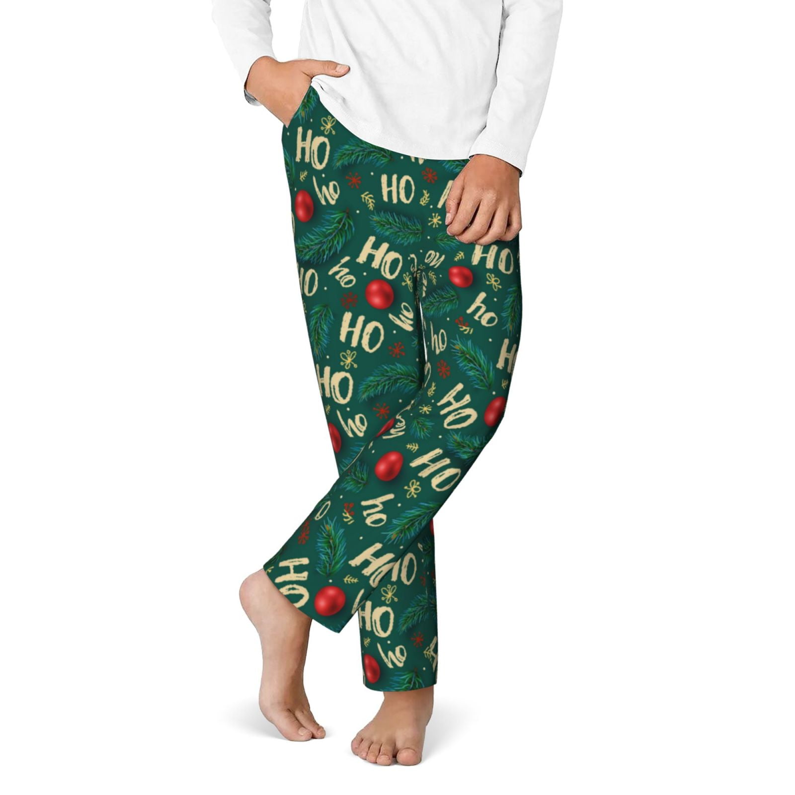 Gukieu Green Background With Ho Print Youth Home Trousers, Elastic Waistband with Pockets for ...