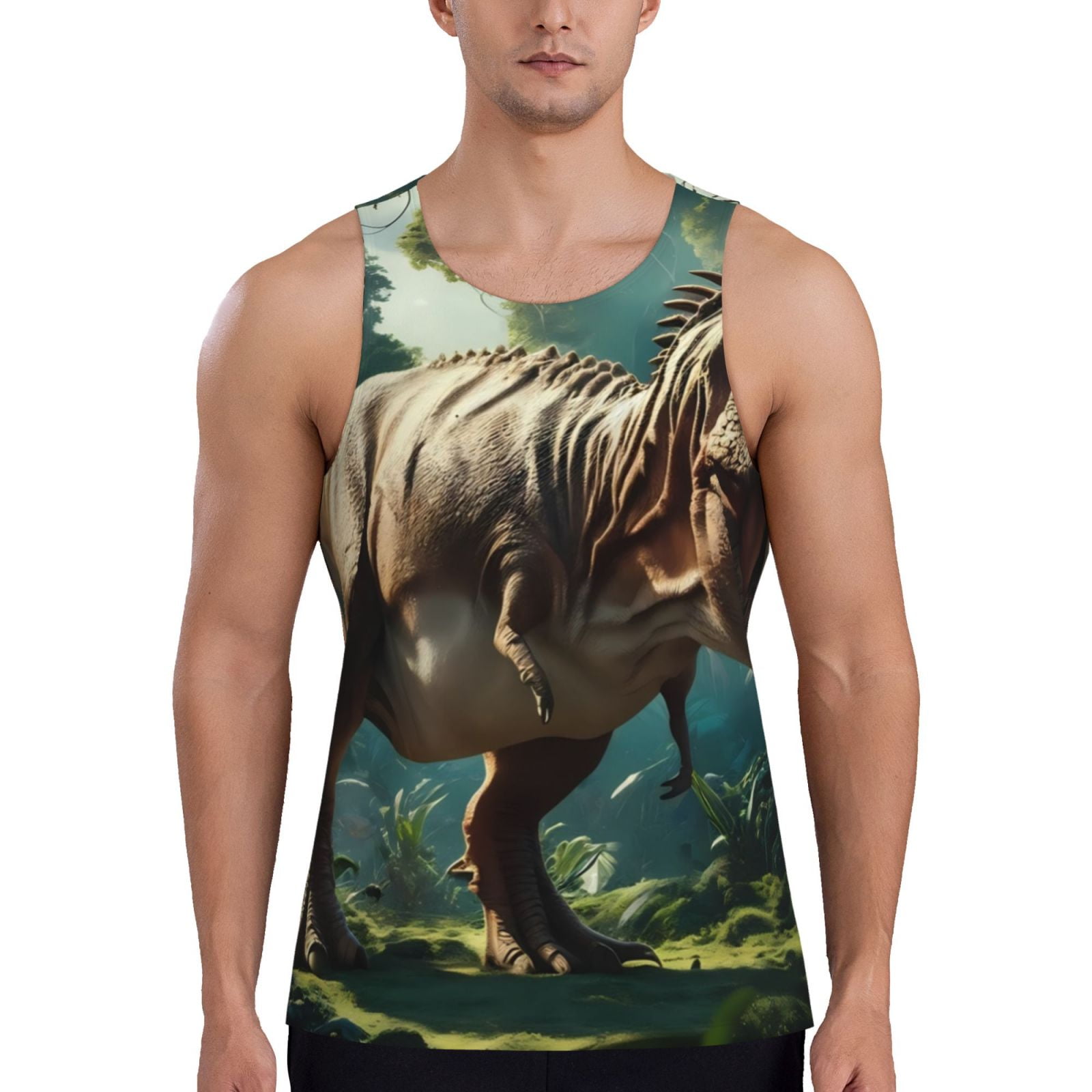 Gukieu Green Forest Dinosaur Print Men's Quick Dry Fitness Vest, Round ...