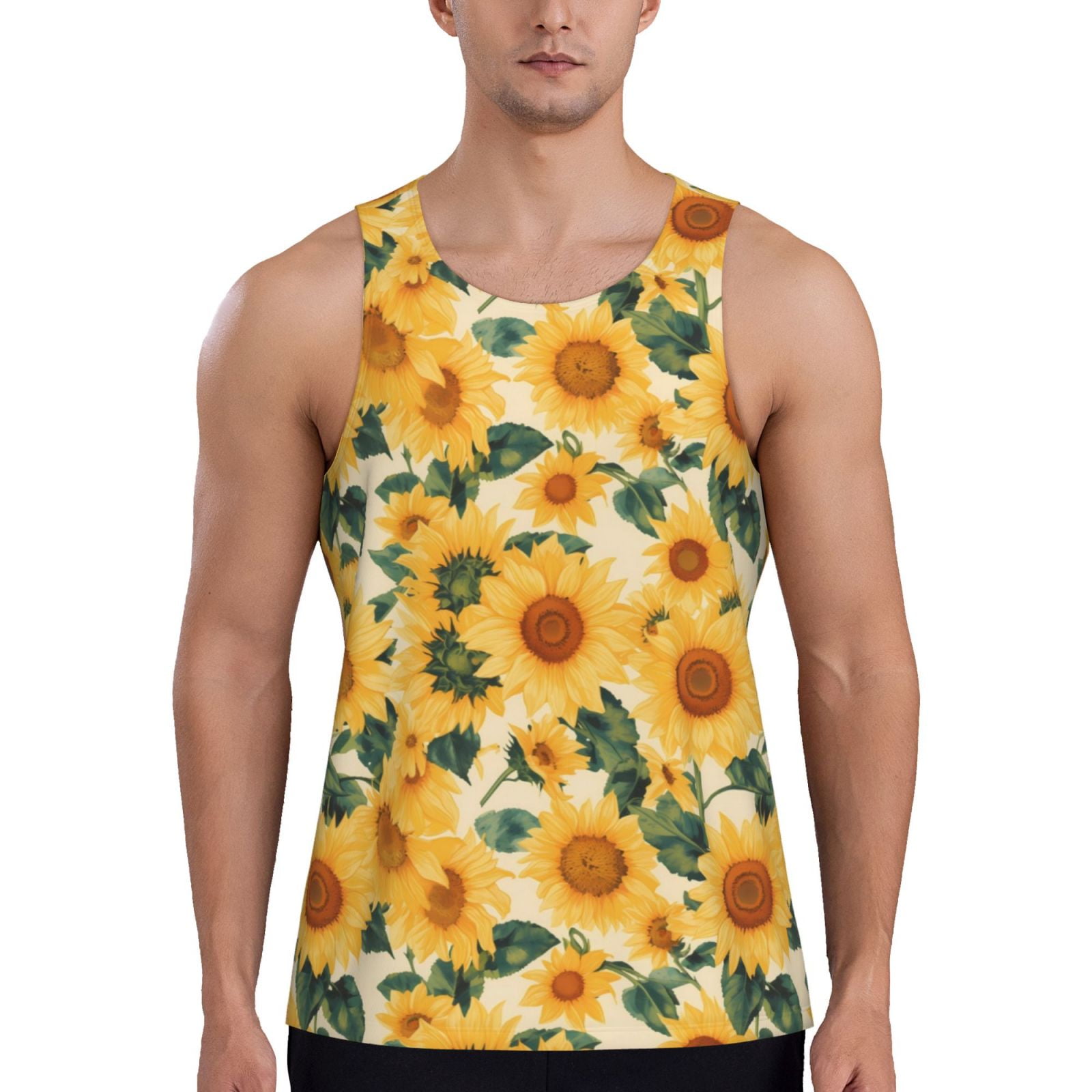 Gukieu Green Leaf Sunflower Print Men's Quick Dry Fitness Vest, Round ...