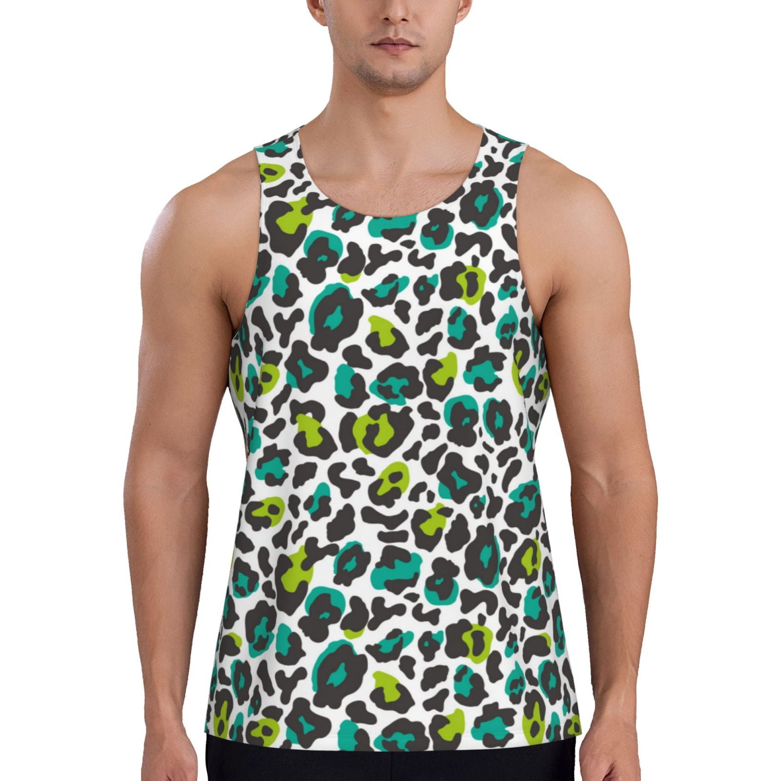 Gukieu Green Leopard Print Men's Quick Dry Fitness Vest, Round Neck ...