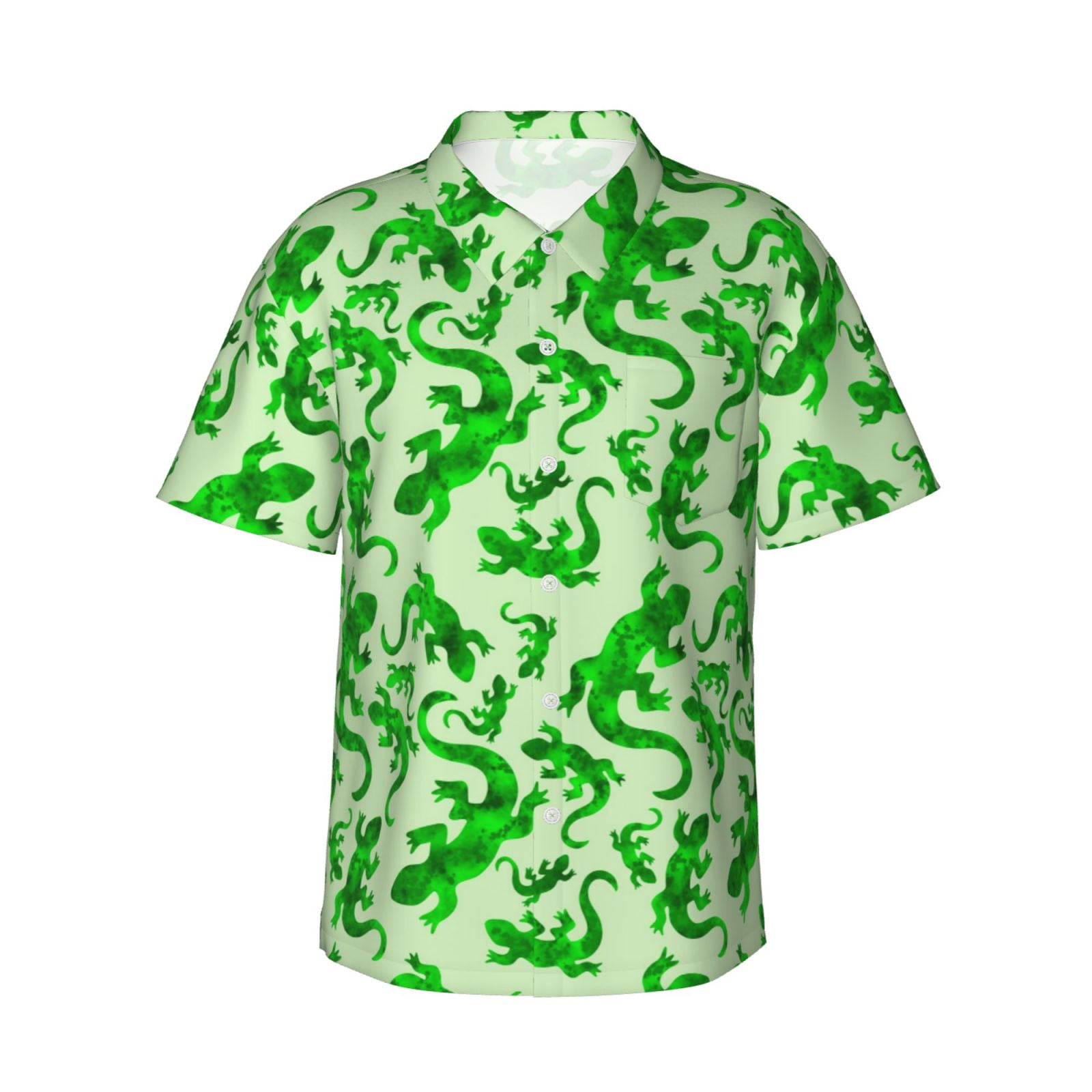 Gukieu Green Lizard Print Men's Short-sleeved Shirts, Button-down Lapel ...