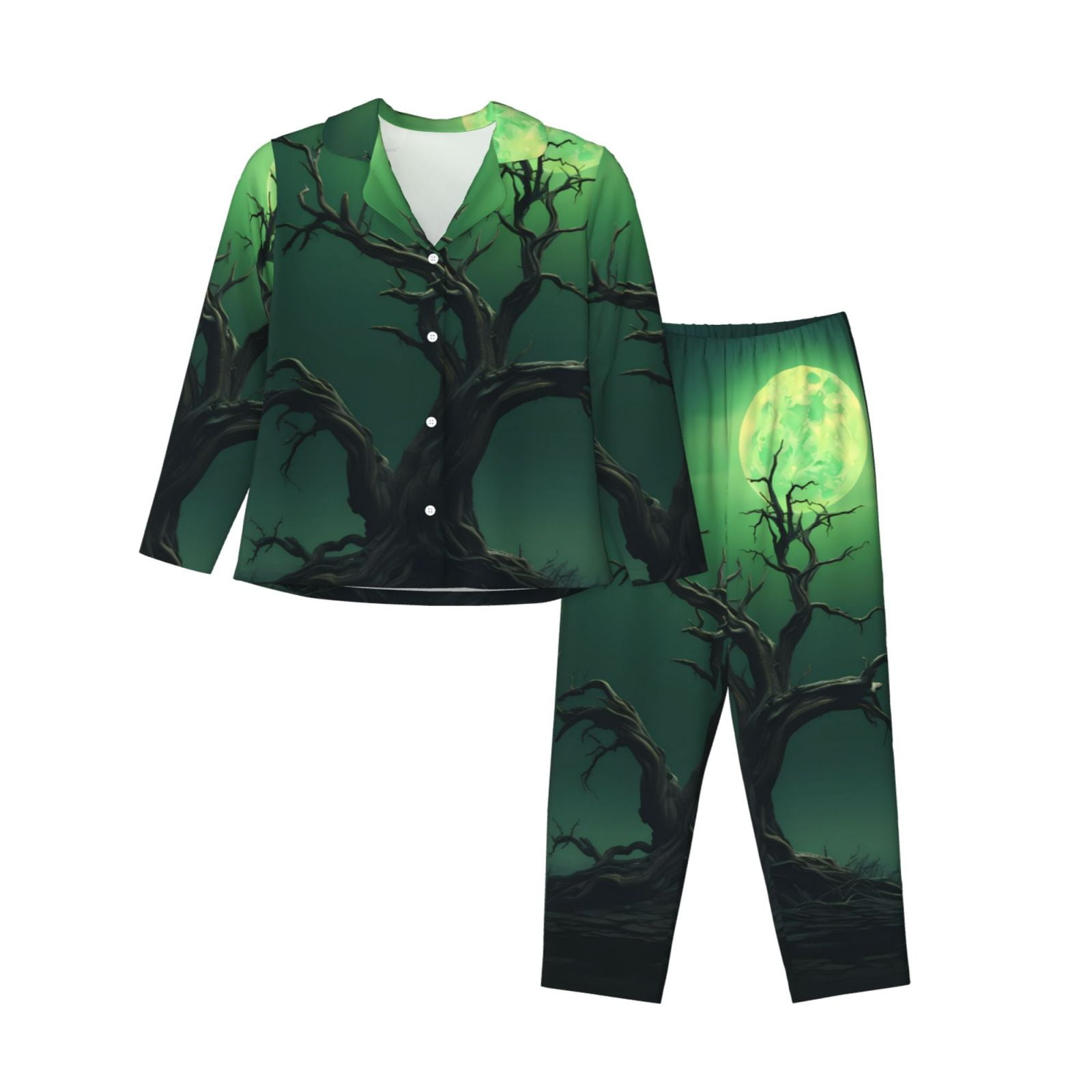 Gukieu Green Night Sky Moon Branches Print Women's Long Sleeve Pajama ...