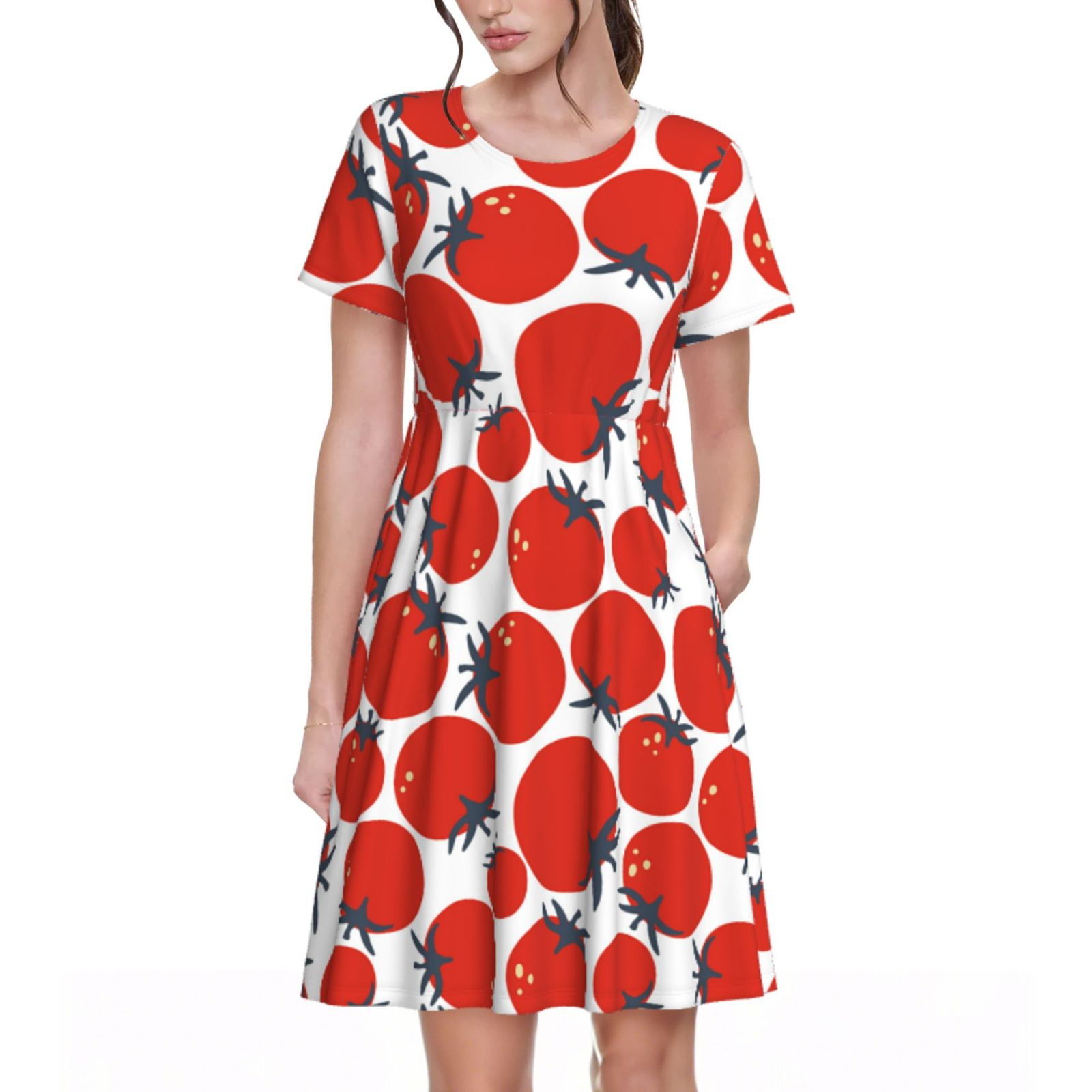 Gukieu Hand Drawn Tomatoes Print Women's Short Sleeve Dress, Elastic ...