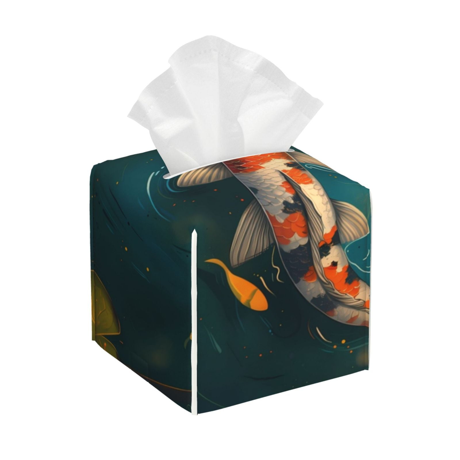 Gukieu Koi Pond Lilies Print Leather Tissue Box, PVC Waterproof Velcro Opening and Closing ...