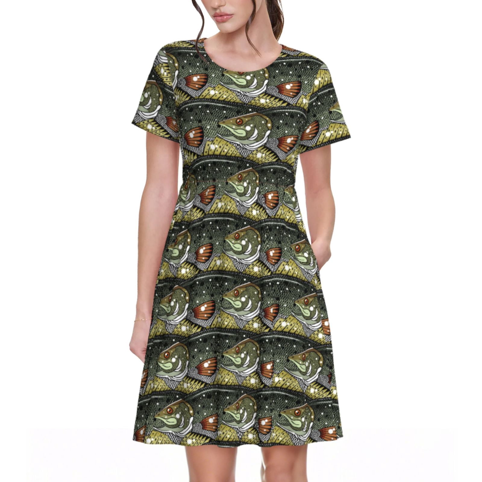 Gukieu Largemouth Bass Fish Print Women's Short Sleeve Dress, Elastic ...