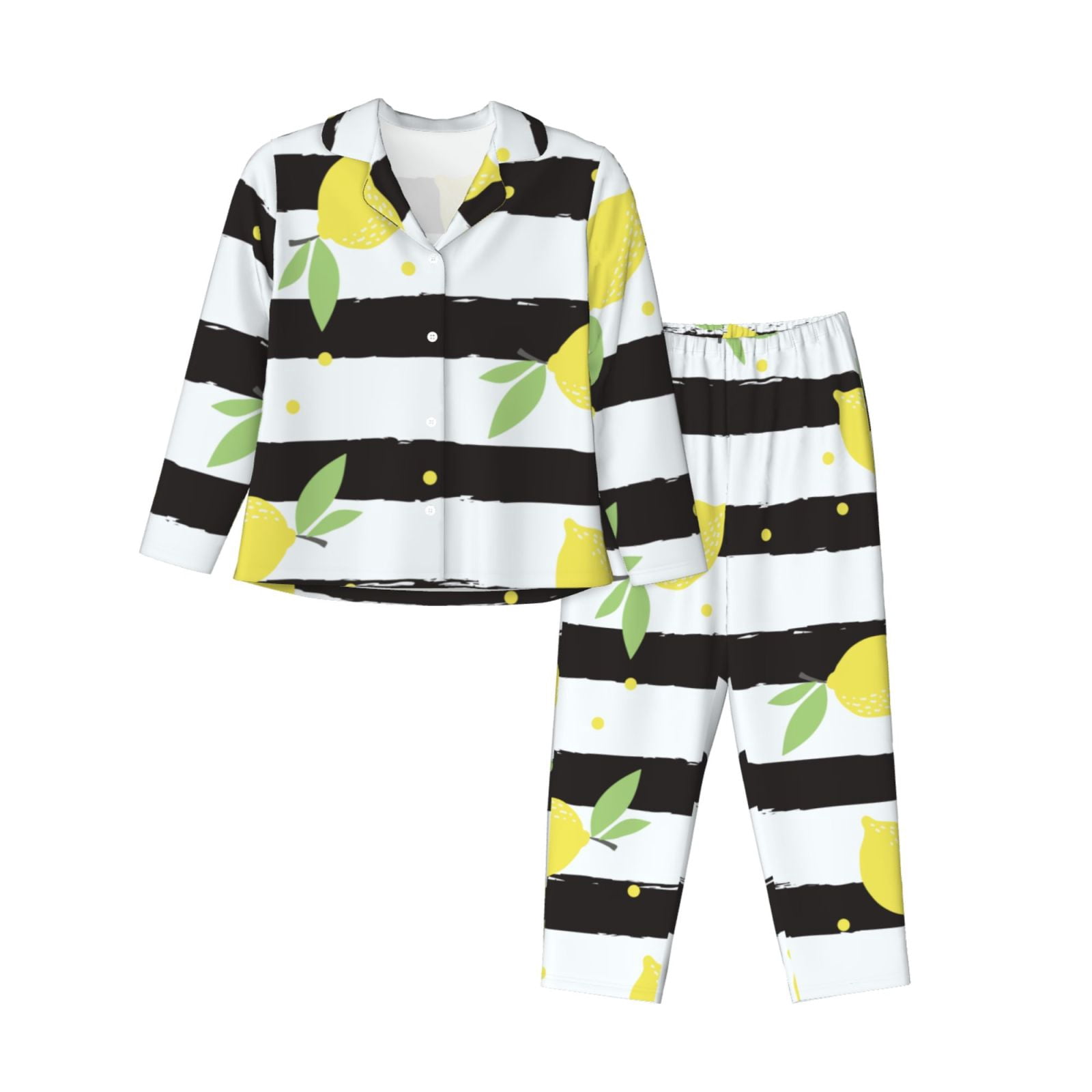 Gukieu Lemon Print Women's Long Sleeve Pajama Set, Button Top Elastic ...