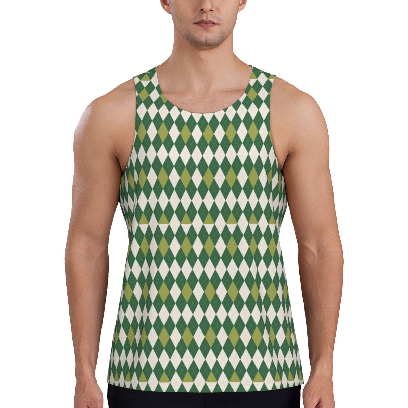 Gukieu Light Green Squares Print Men's Quick Dry Fitness Vest, Round ...