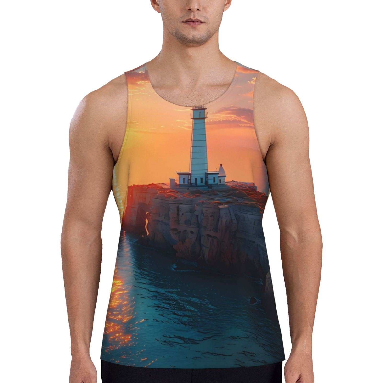 Gukieu Lighthouse At Sunset Coast Print Men's Quick Dry Fitness Vest ...