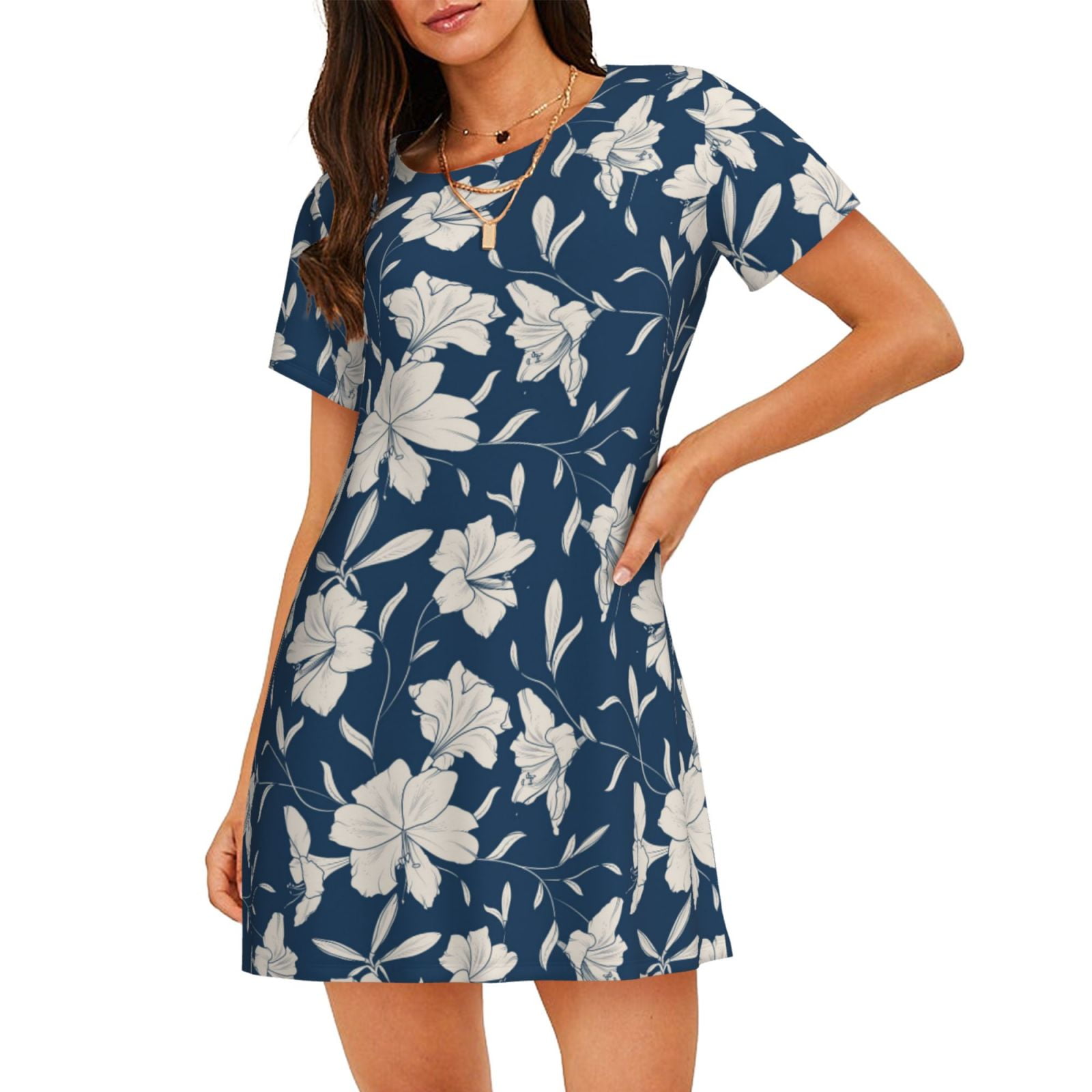 Gukieu Lilies Flowers Print Women's Nightgown, A-line Round Neck Short-sleeved Nightgown Pajamas ...