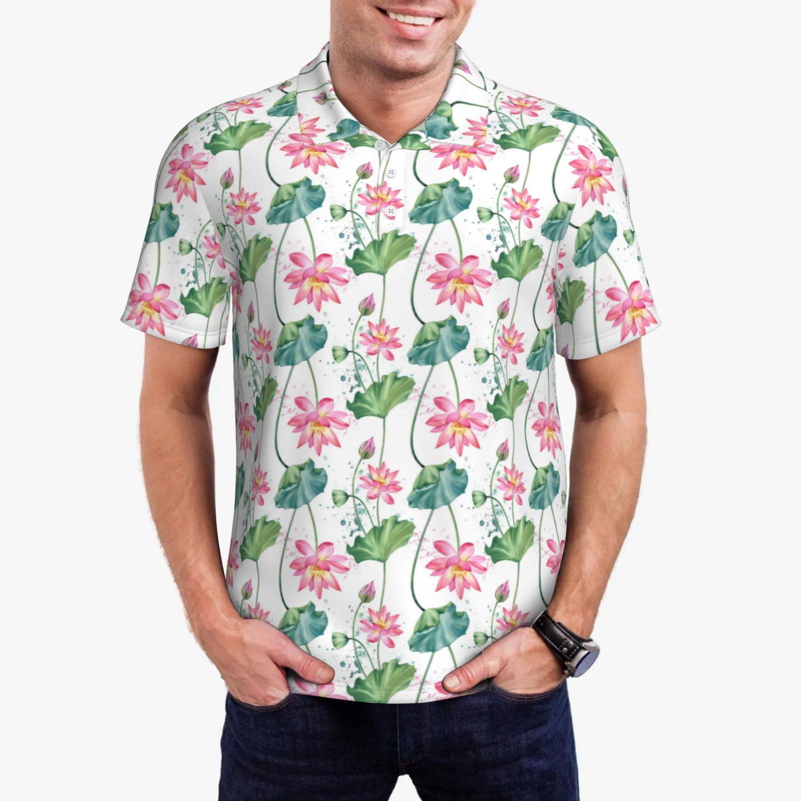Gukieu Lotus Flower Print Men's Quick-drying POLO Shirt, Button-down ...