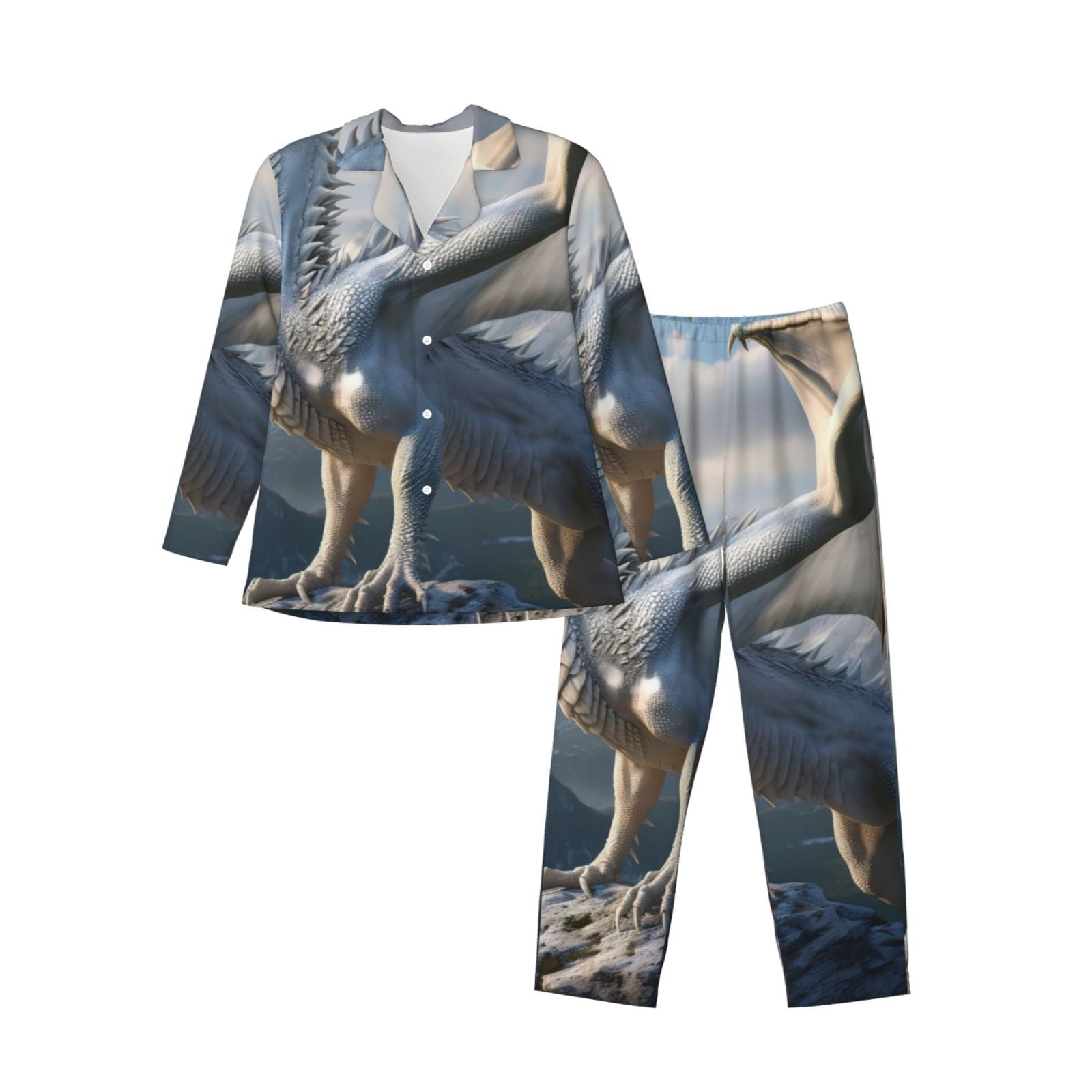 Gukieu Mountain White Dragon Print Men's Long-sleeved Pajamas Set ...