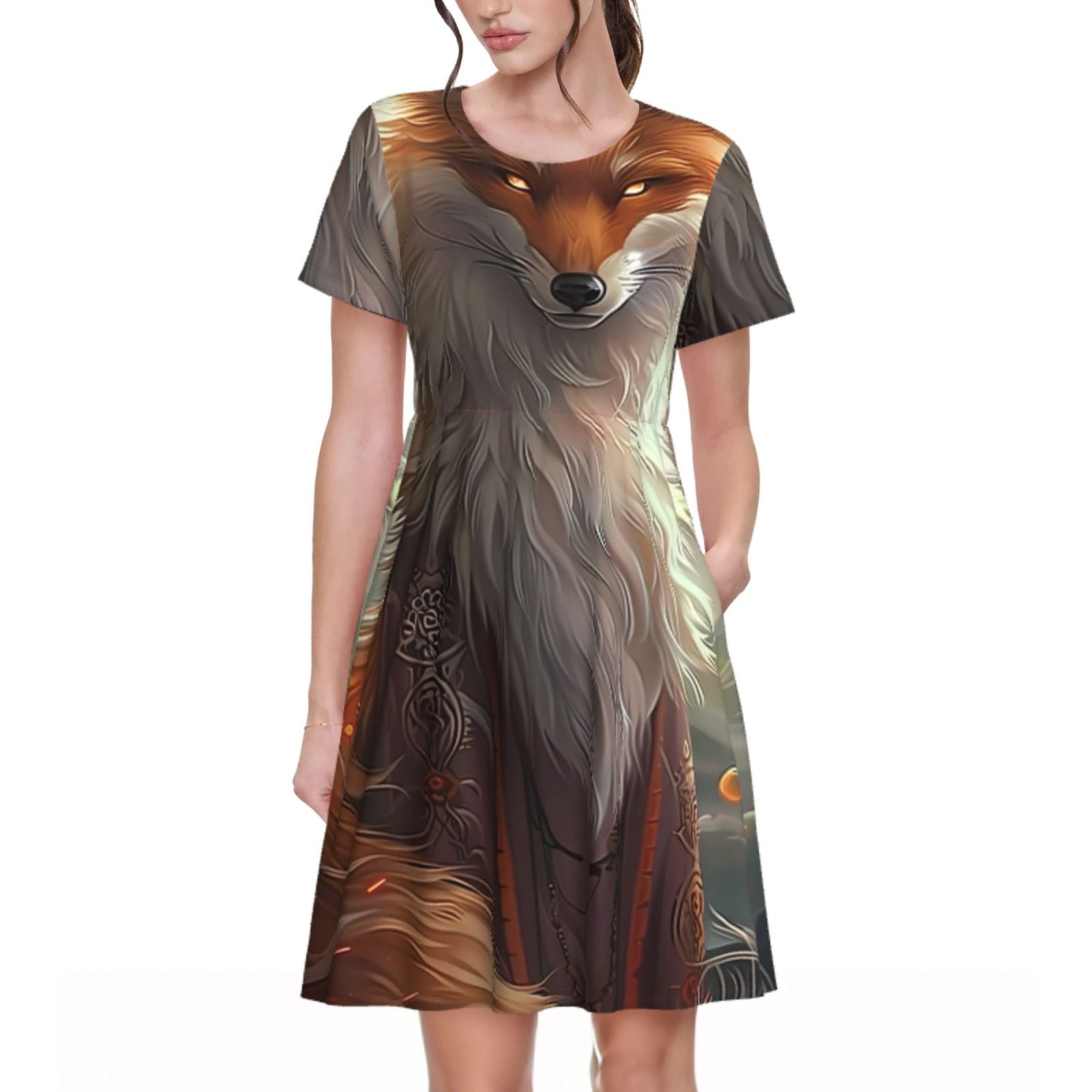Gukieu Mystic Fox With Halo Print Women's Short Sleeve Dress, Elastic ...