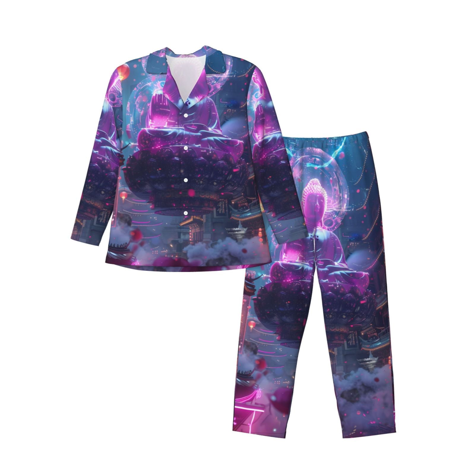 Gukieu Neon Buddha Cityscape Print Men's Long-sleeved Pajamas Set ...