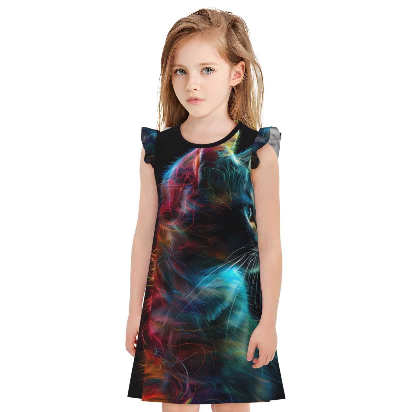 Gukieu Neon Spectrum Cat Portrait Print Girls' Flying Sleeves ...