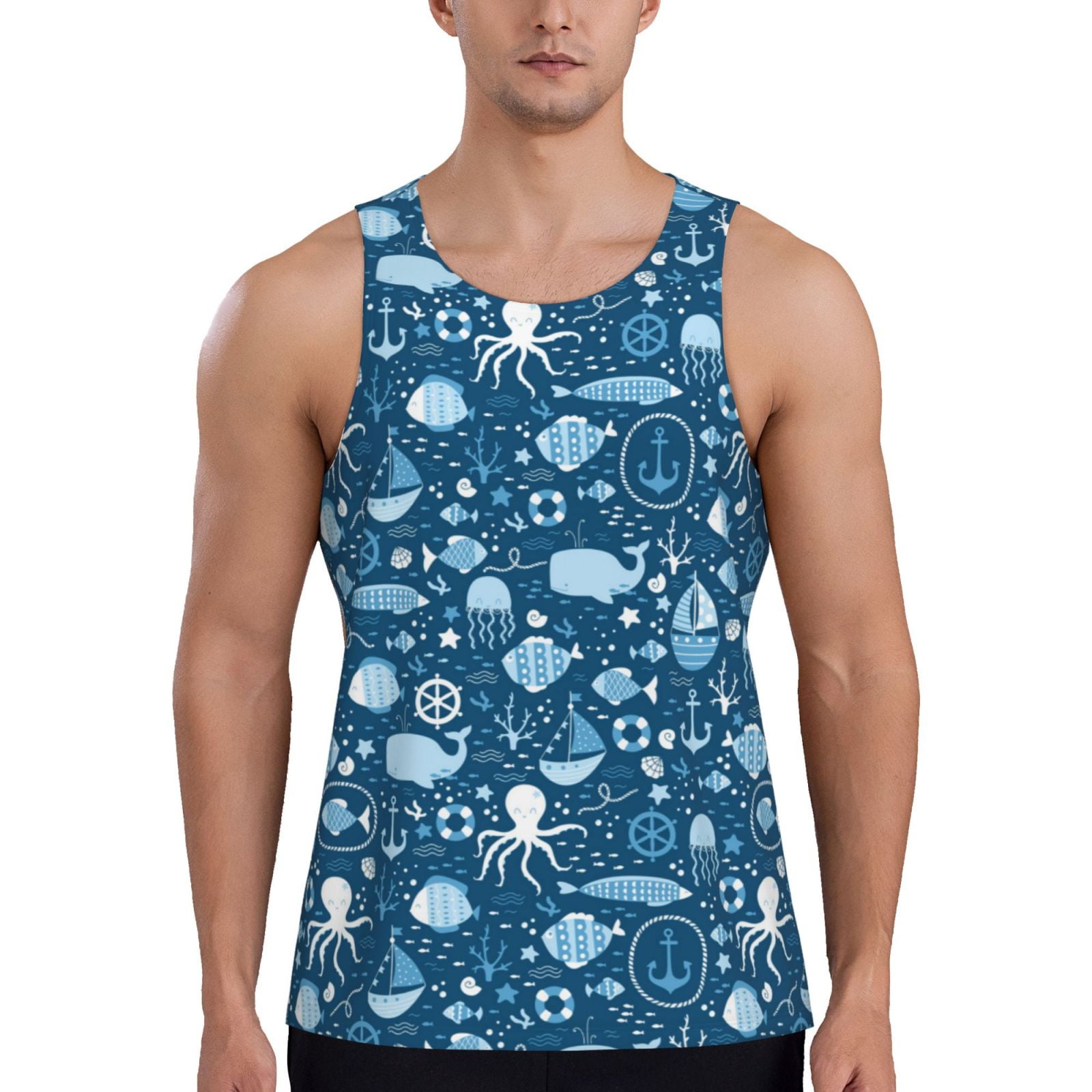 Gukieu Octopus And Whale Print Men's Quick Dry Fitness Vest, Round Neck ...