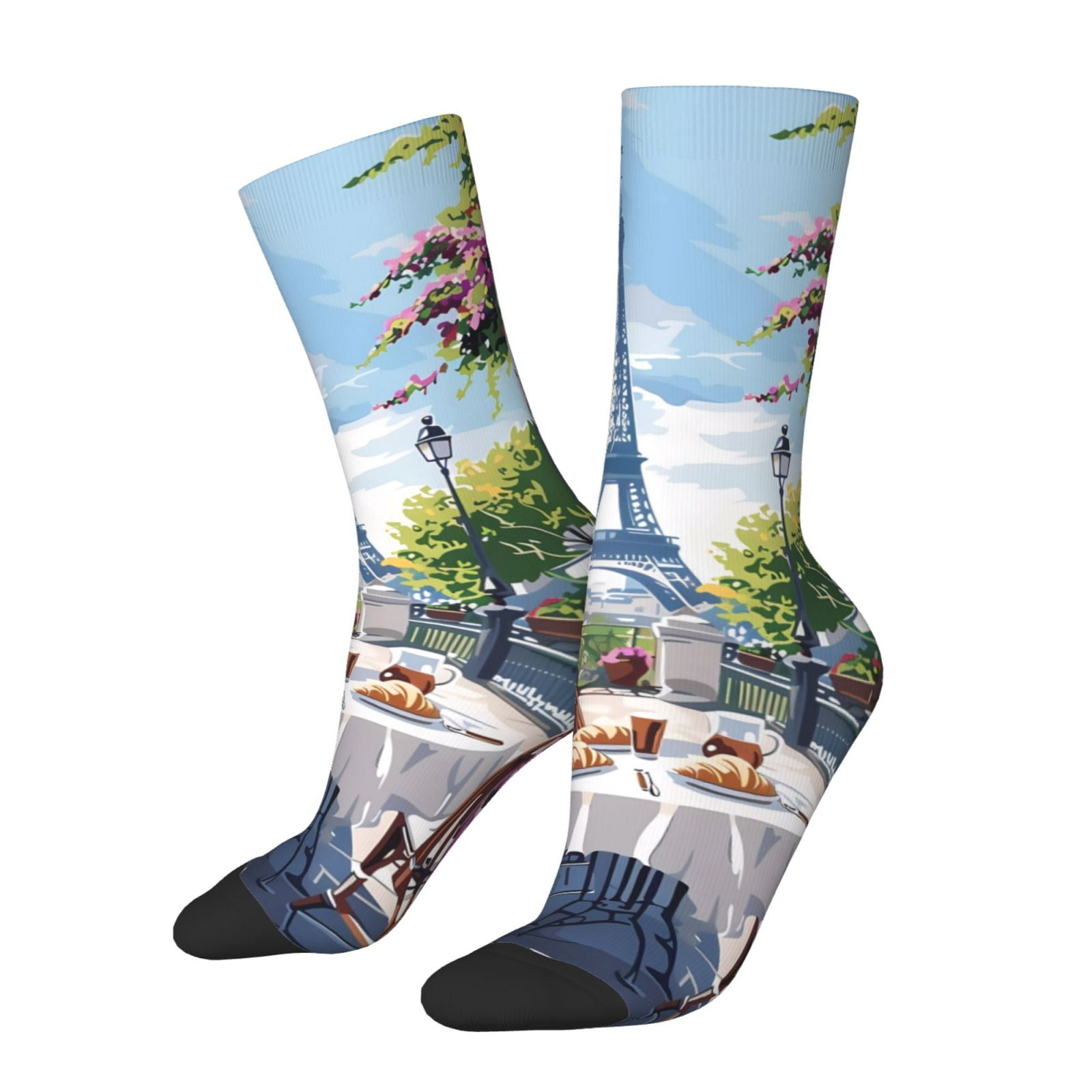 Gukieu Parisian Cafe With Eiffel Print Contrast Color Mid-calf Socks ...