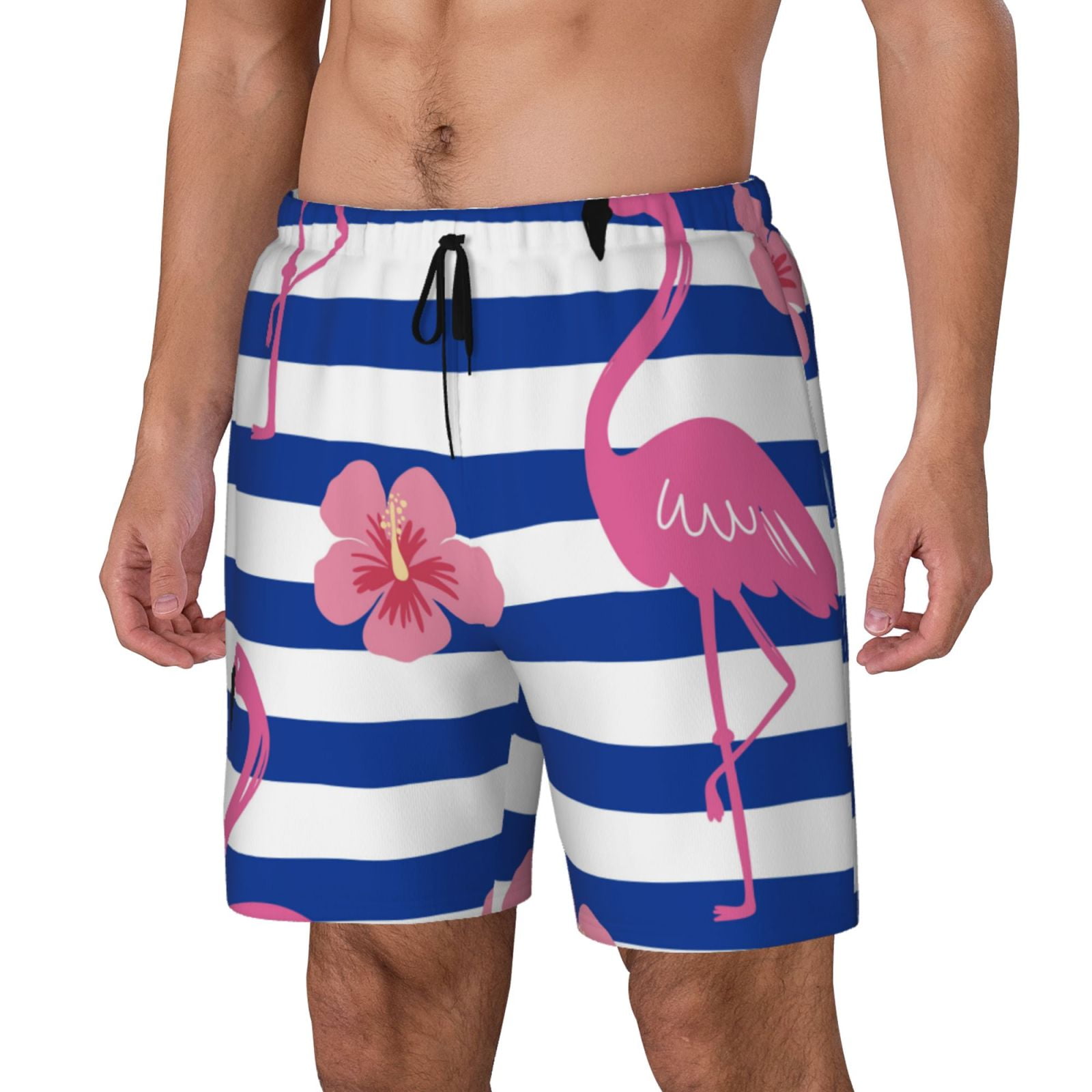 Gukieu Pink Flamingo Print Men's Double Layer Sports Swim Trunks, Quick ...